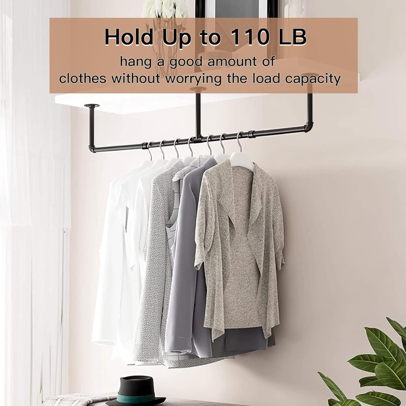 Everly Quinn Clothes Hanger Pole Wall Mount, 72" Heavy Duty Detachable ...