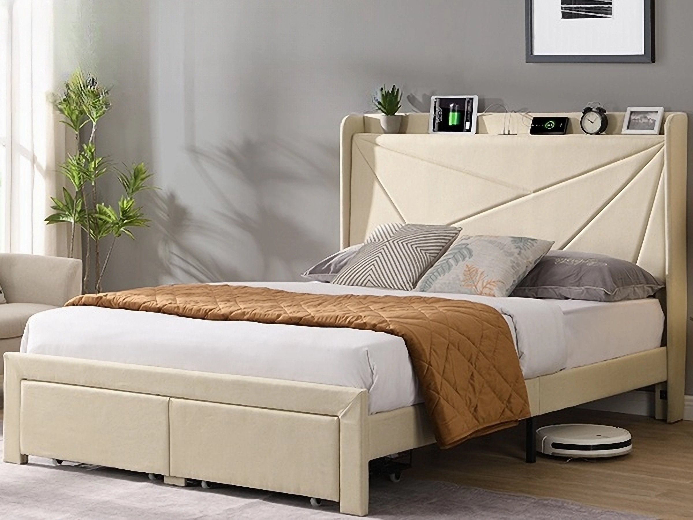 Ebern Designs Loggia FULL Size Beige Bed Frame with Drawers,Bed Frame ...