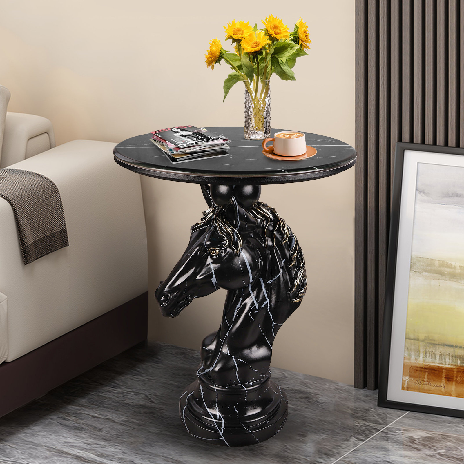 Mercer41 Modern End Table Living Room - Horse Statue Faux Marble Night ...