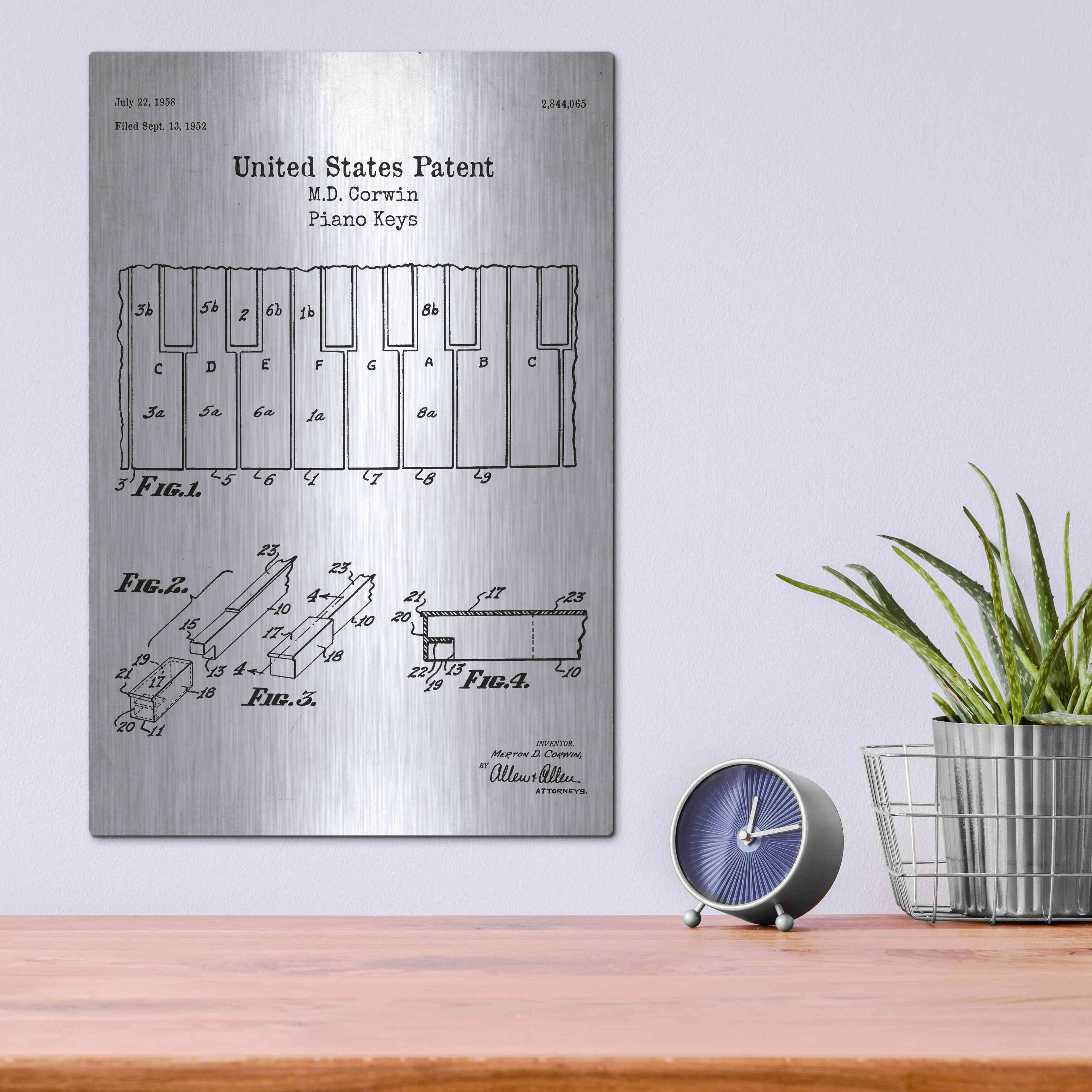 17 Stories Luxe Metal Art 'Piano Keys Blueprint Patent White' Piano ...