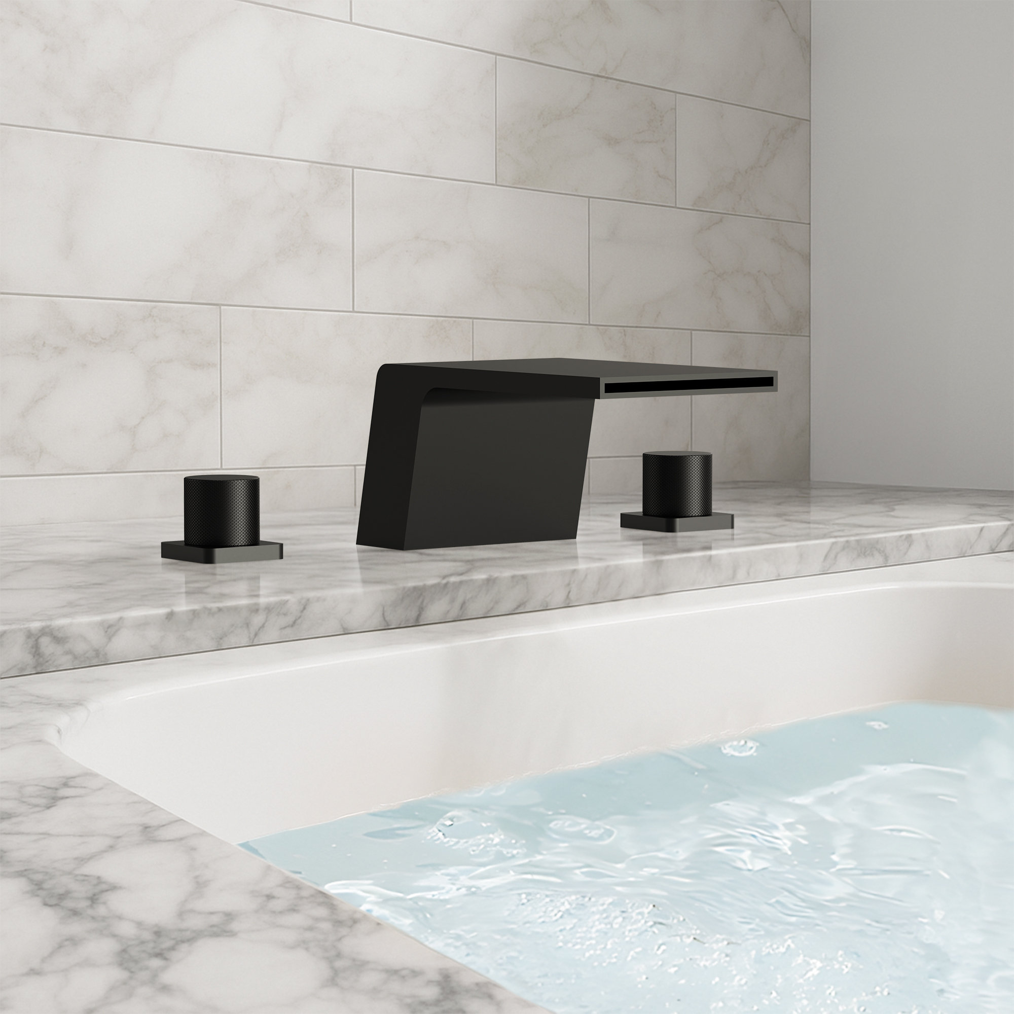 EVERSTEIN Modern Deck-Mount 3-Hole Wide Waterfall 2-Handle Bathtub ...