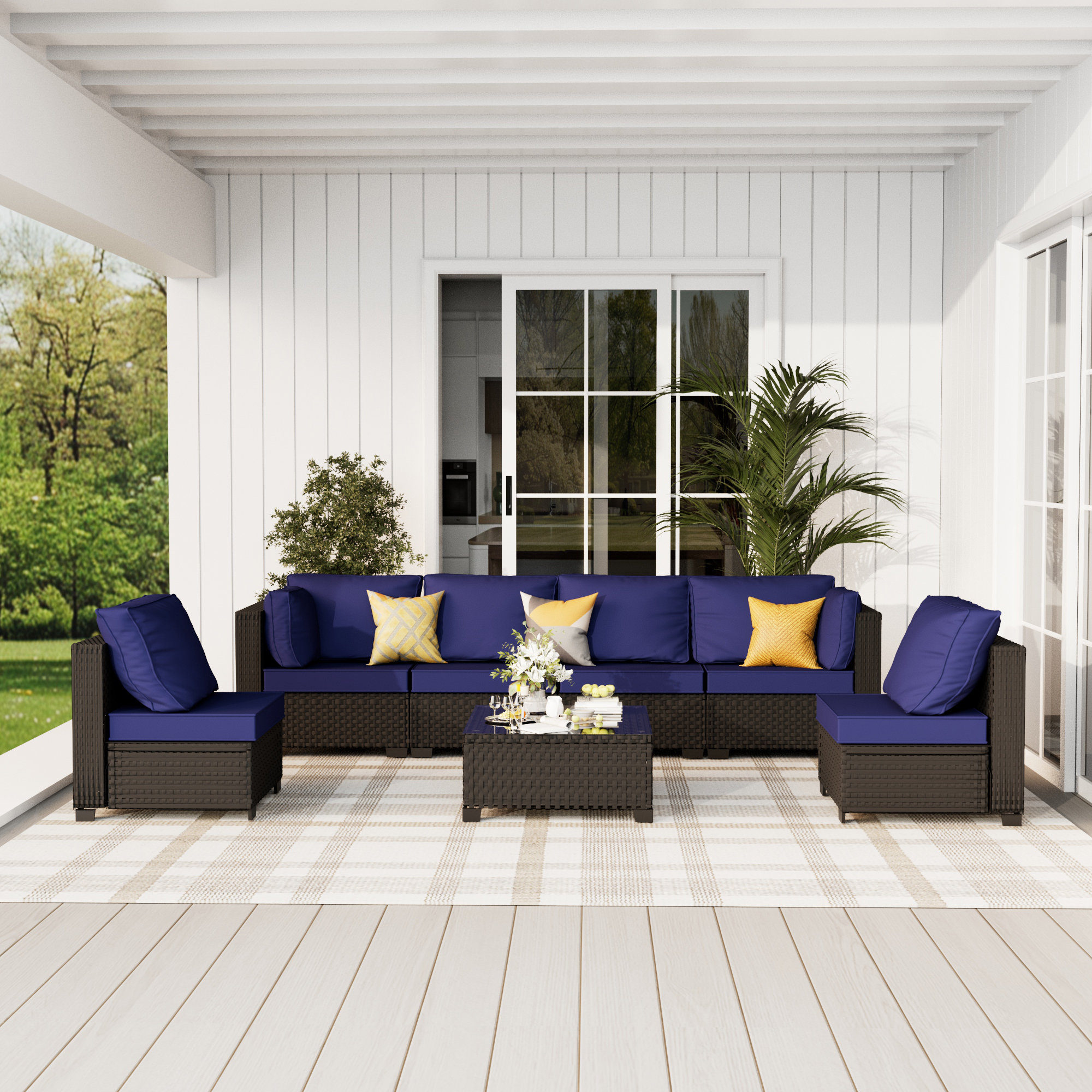 HOZONE No-Assembly Chairs, 6-Person Patio Furniture Set Wicker Outdoor ...