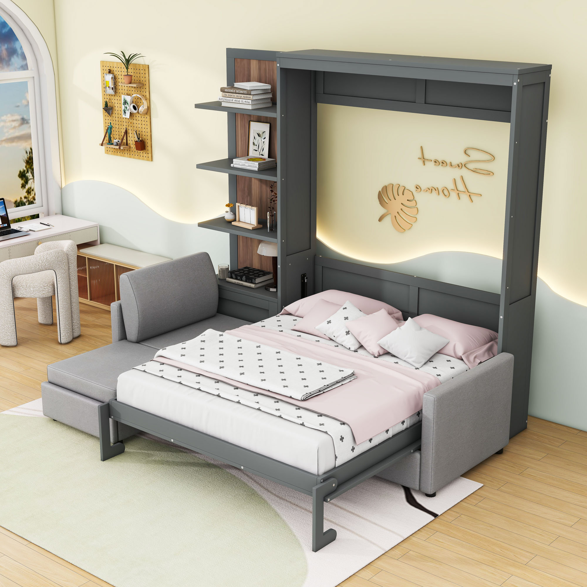 Red Barrel Studio® Queen Wood Murphy Bed with Sofa and Shelves | Wayfair