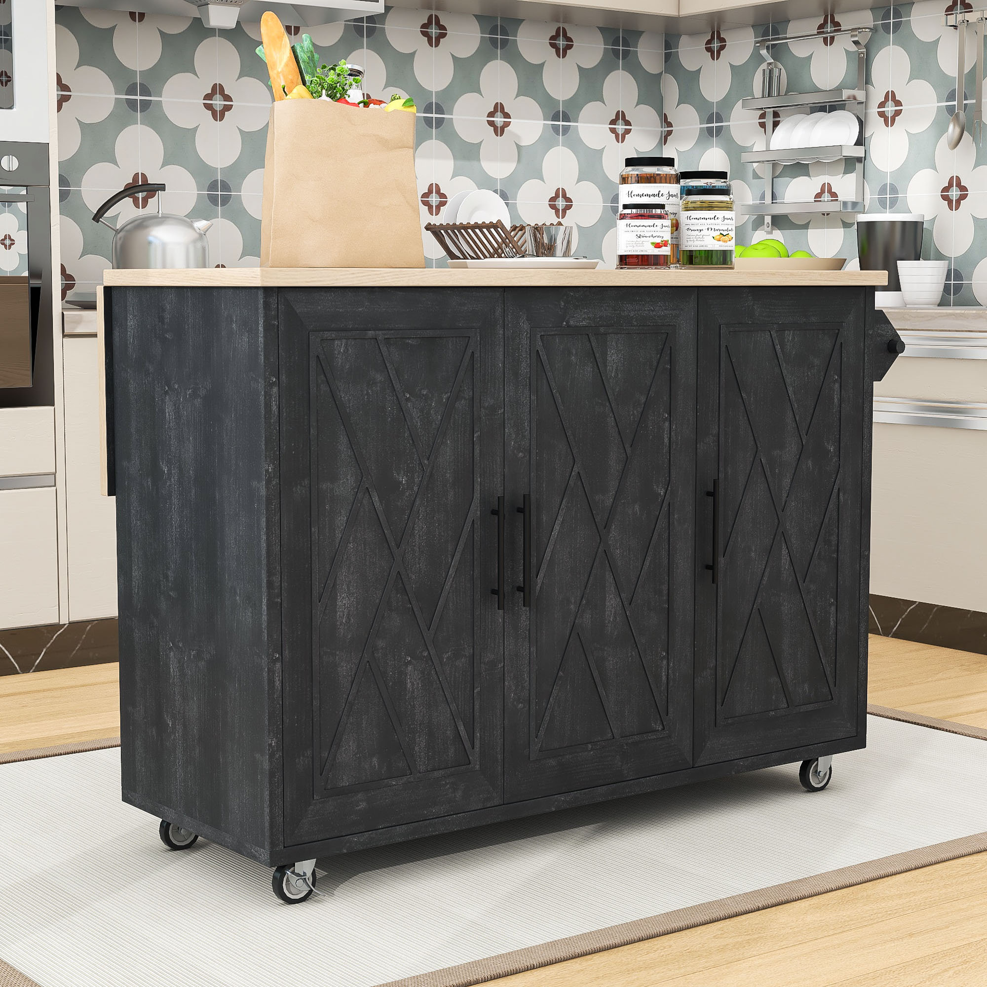 Gracie Oaks Farmhouse Rolling Kitchen Island Cart with Extendable Drop ...