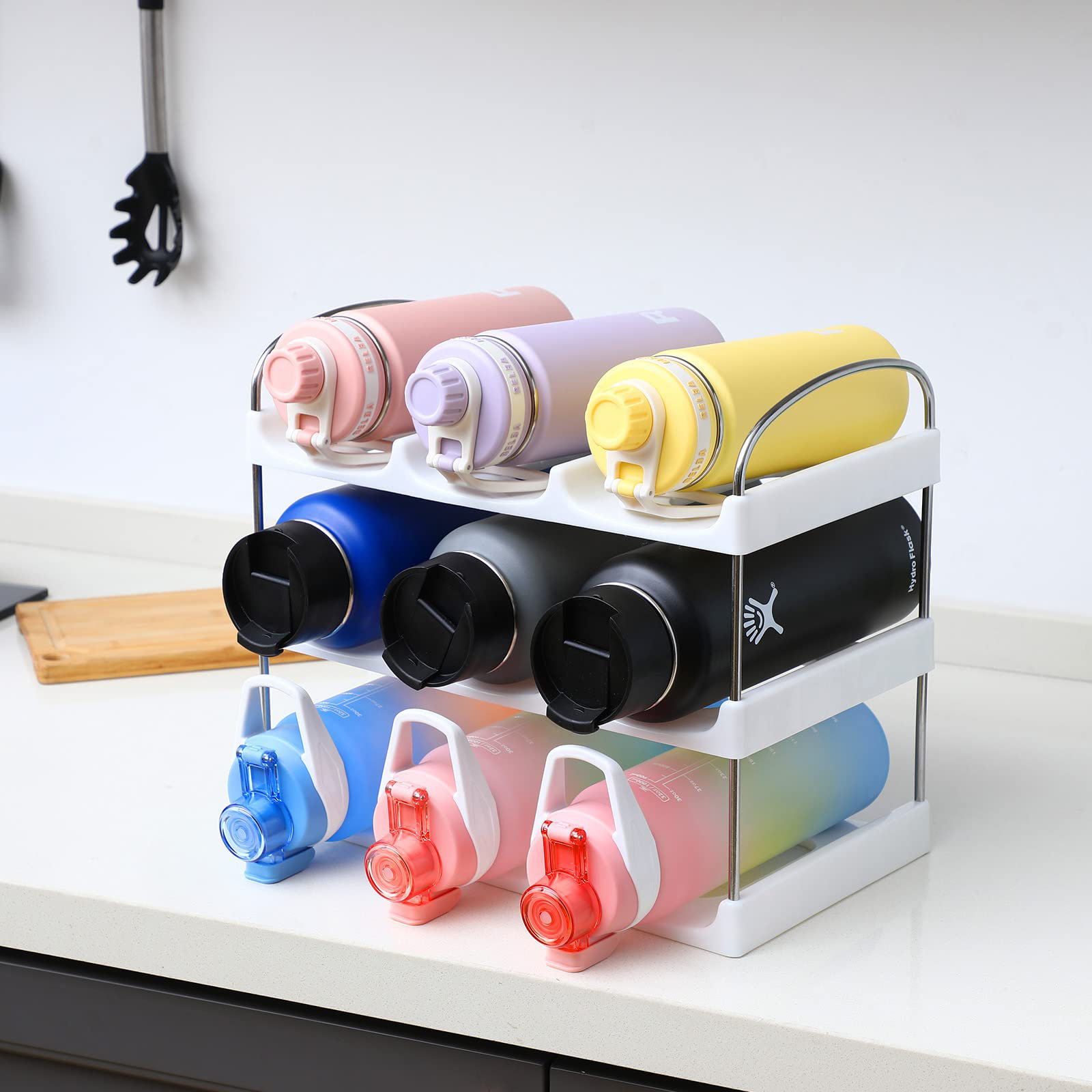 Ebern Designs 3-Layer Stackable Water Bottle Storage Rack, Can Hold 9 ...