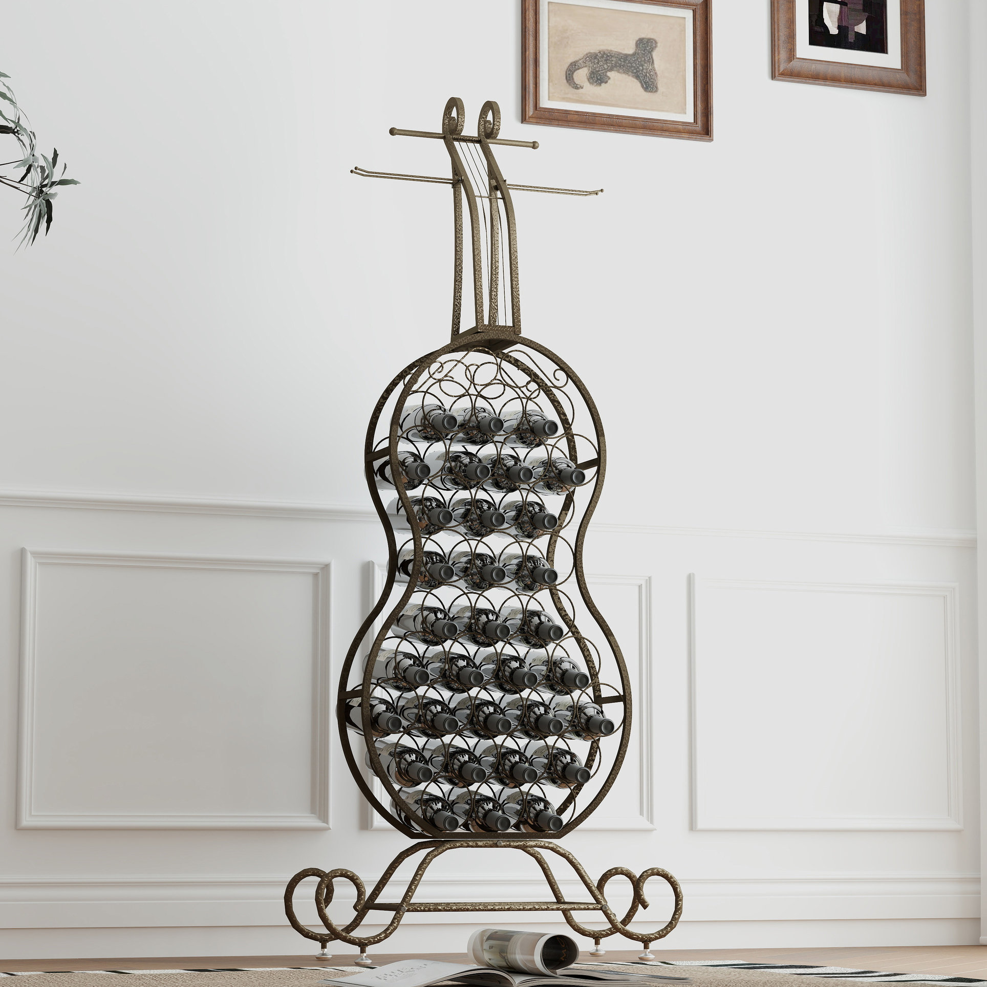 Kivaritio Cello Shaped Wine Organizer, Rustic Gold Finish, Antique ...