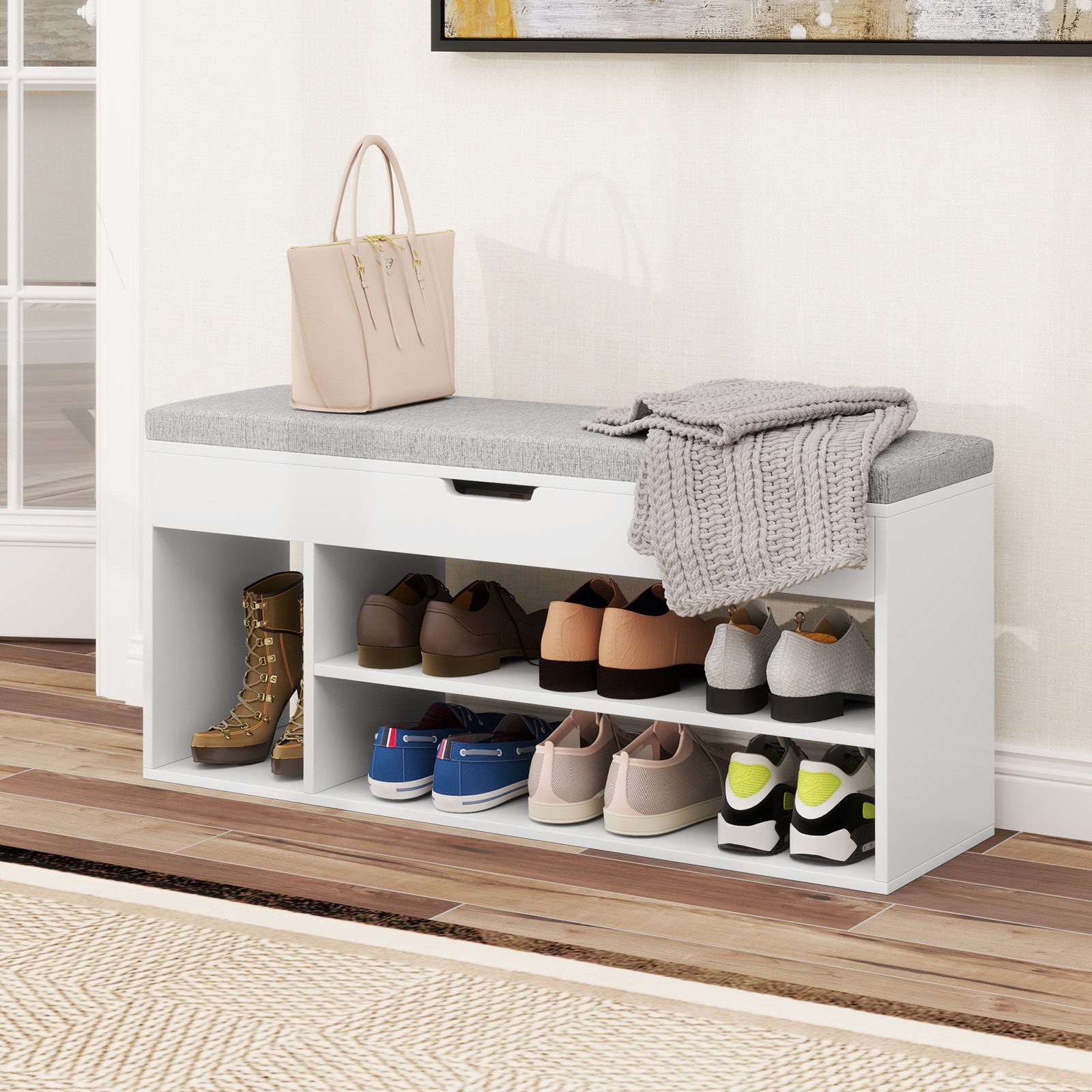 Latitude Run® Shoe Bench Home Entryway Shoes Storage Bench w/ Padded ...