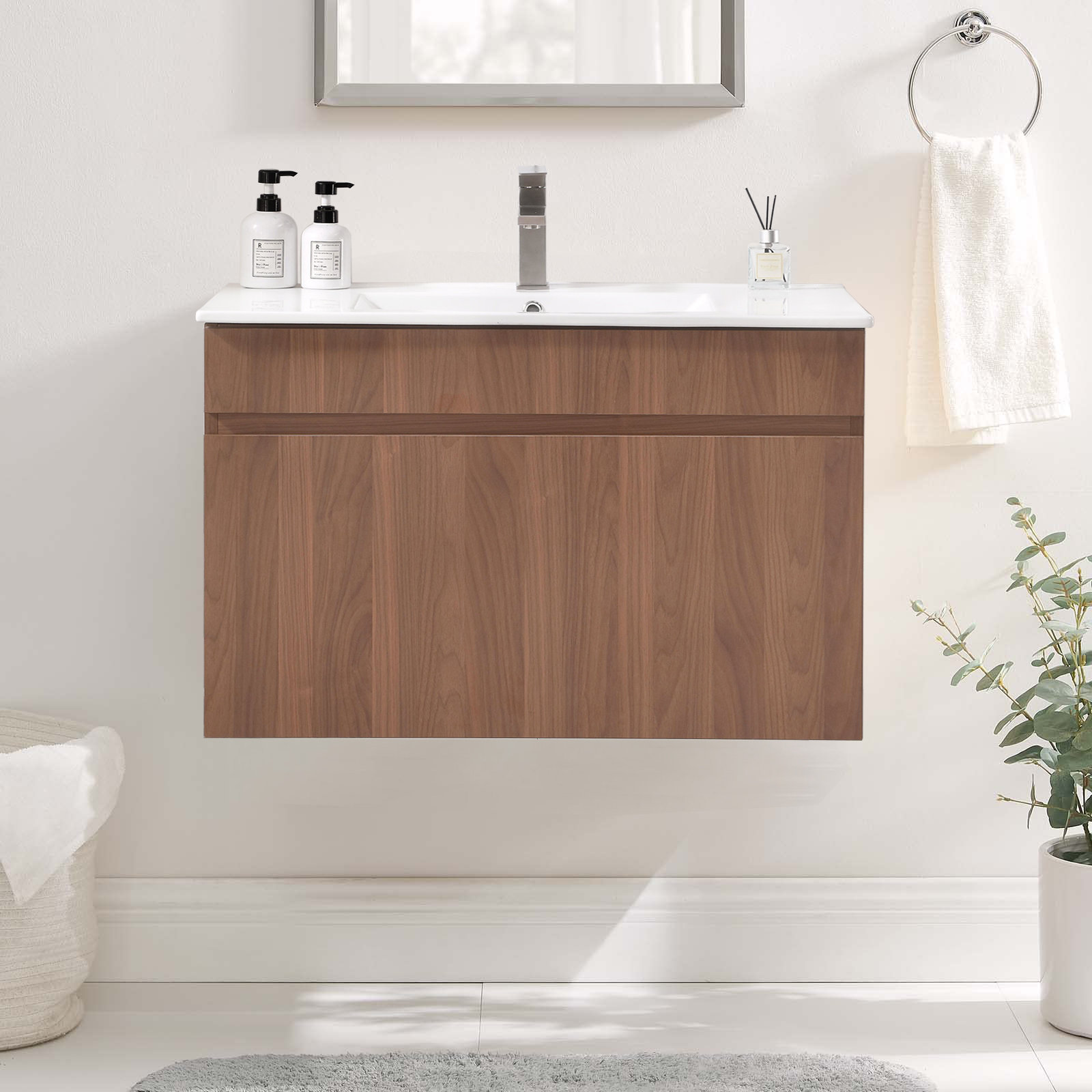 Ebern Designs Jacquelen 36'' Walnut Modern Wall Mounted Single Bathroom ...