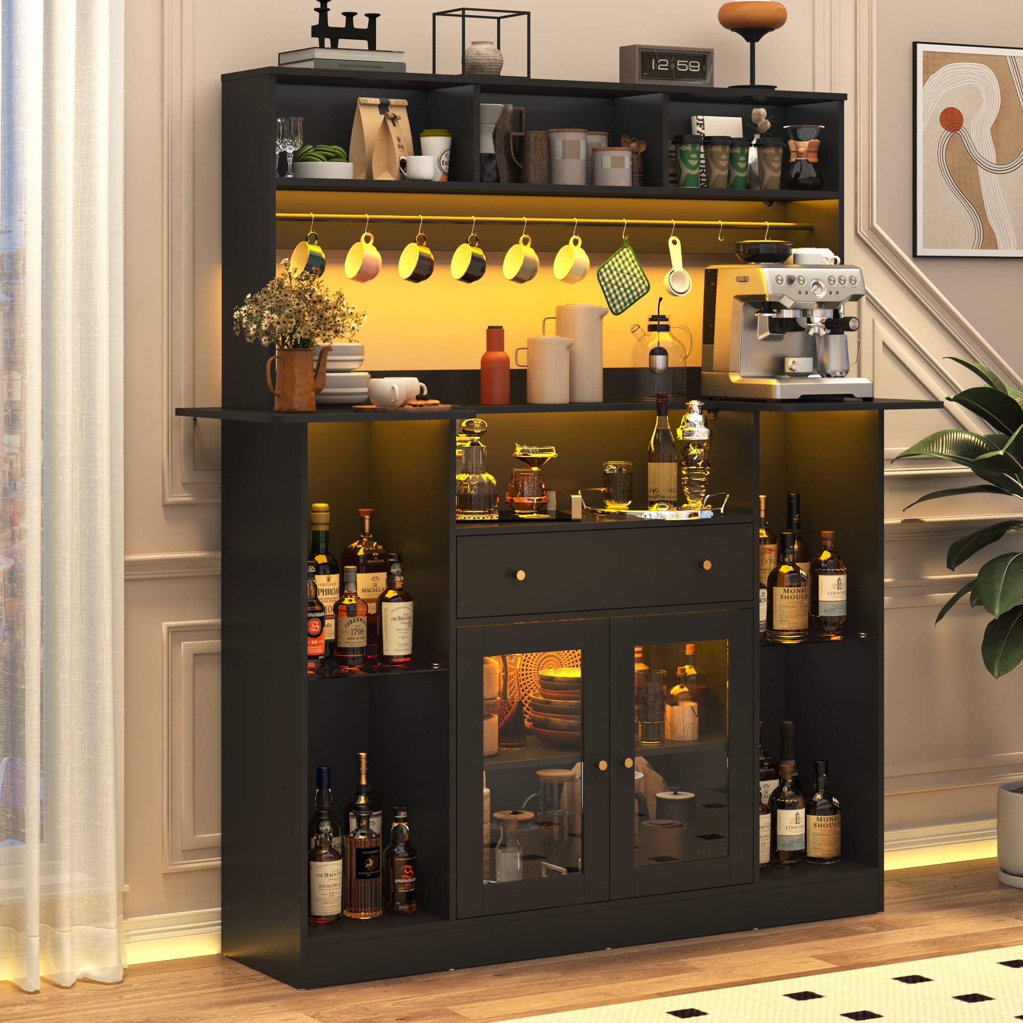 Ophelia & Co. 70" Tall Coffee Bar Cabinet With LED Lights, Drawers,10 ...