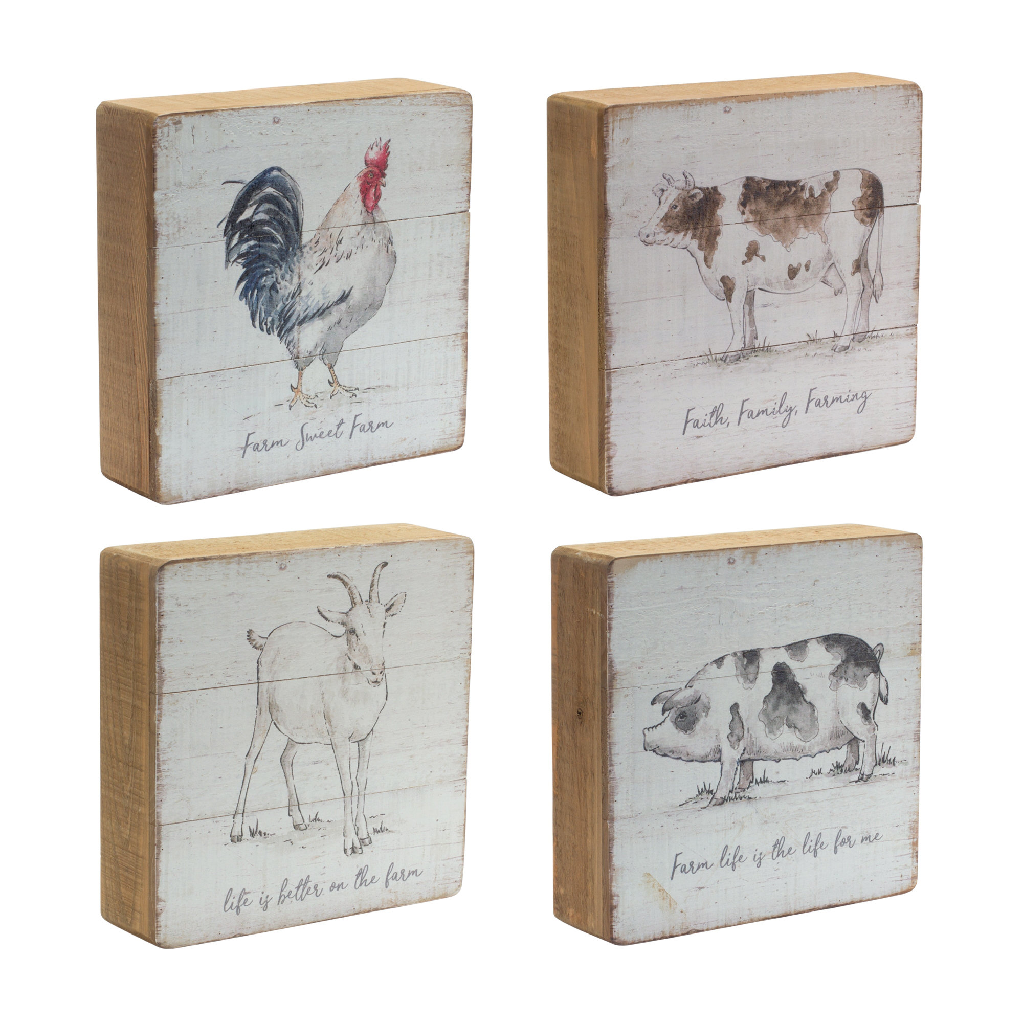 August Grove® Rustic Wood Farm Animal Sentiment Block (Set of 4) | Wayfair