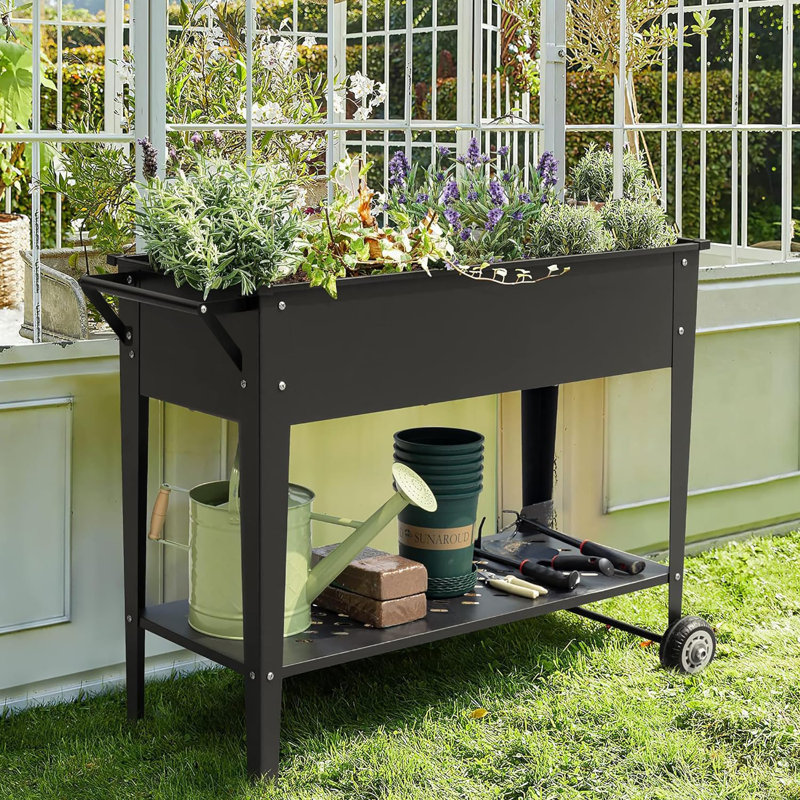 Arlmont & Co. Omma Metal Elevated Planter with Wheels, Drainage Holes ...