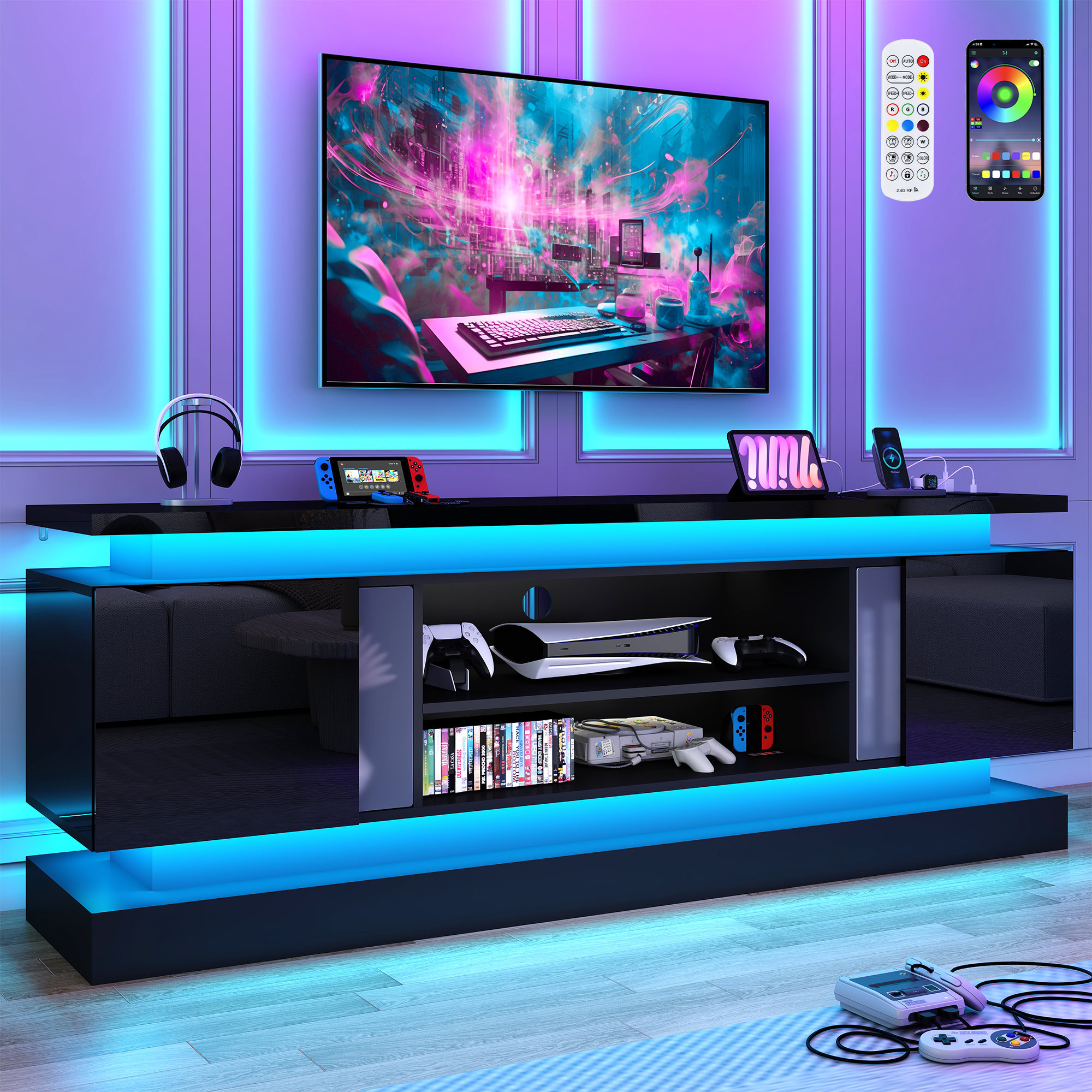 Wrought Studio™ 70" Modern Tv Stand With Led Lights & Built-In Power ...
