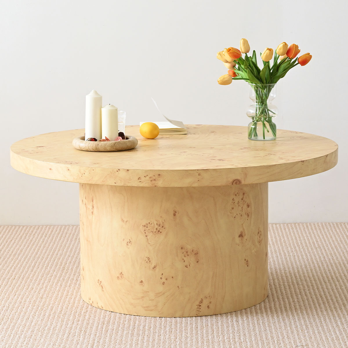 Millwood Pines Domian Burl Wood 40" Round Pedestal Coffee Table ...