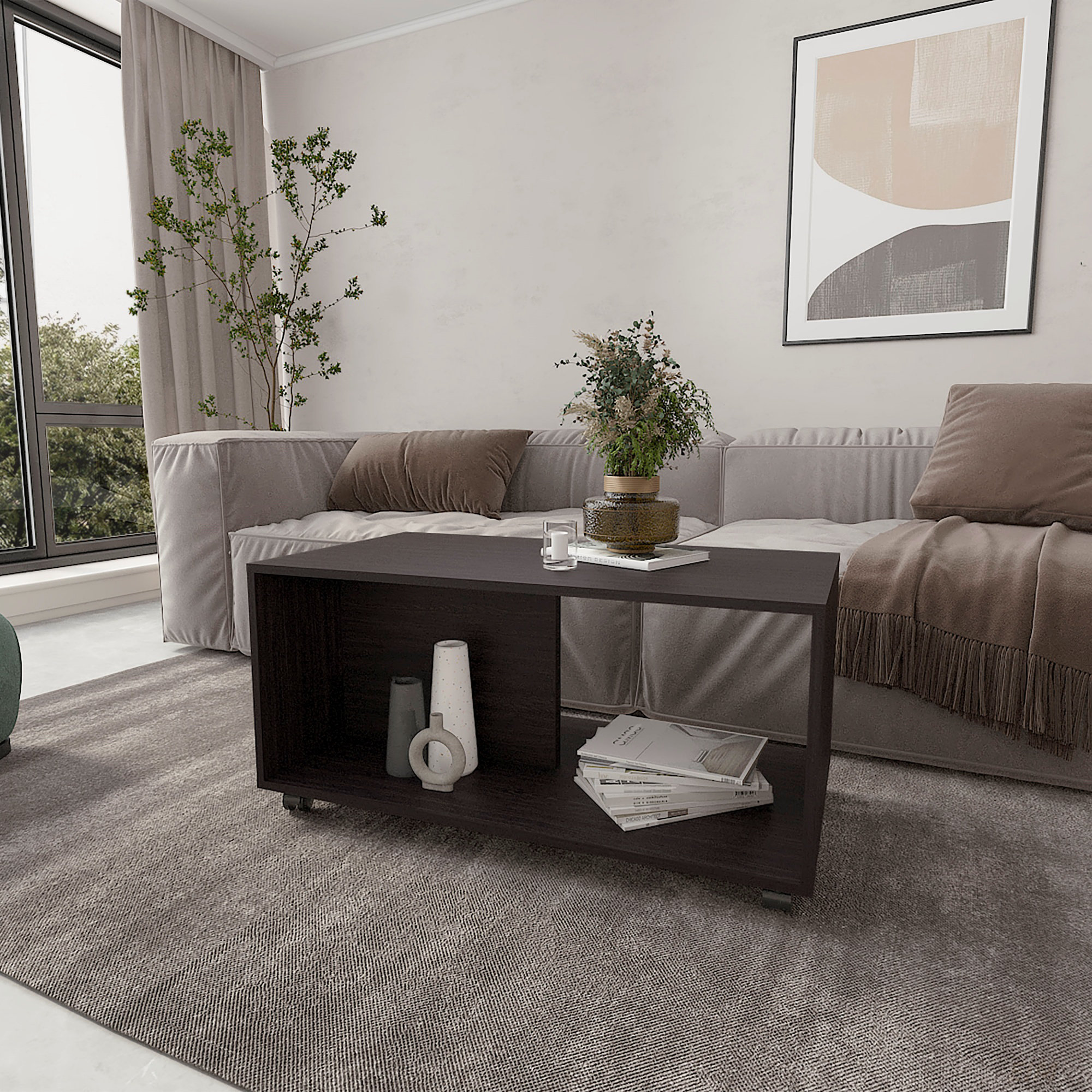 CHENGGUHENGXIN Coffee Table With Open Storage And Caster Wheels | Wayfair