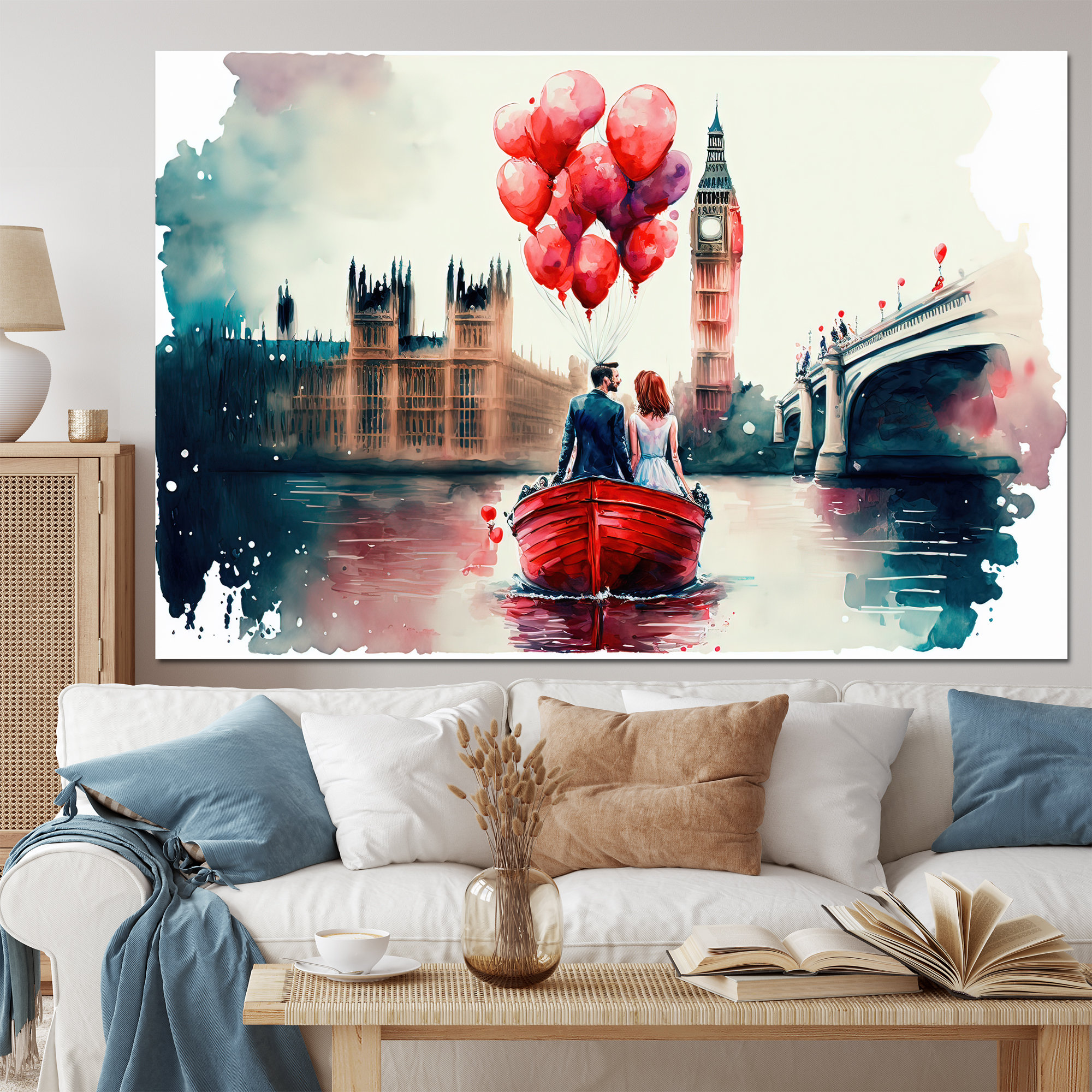 Design Art Romantic Couple On The Water II - Landscape Canvas Wall Art ...
