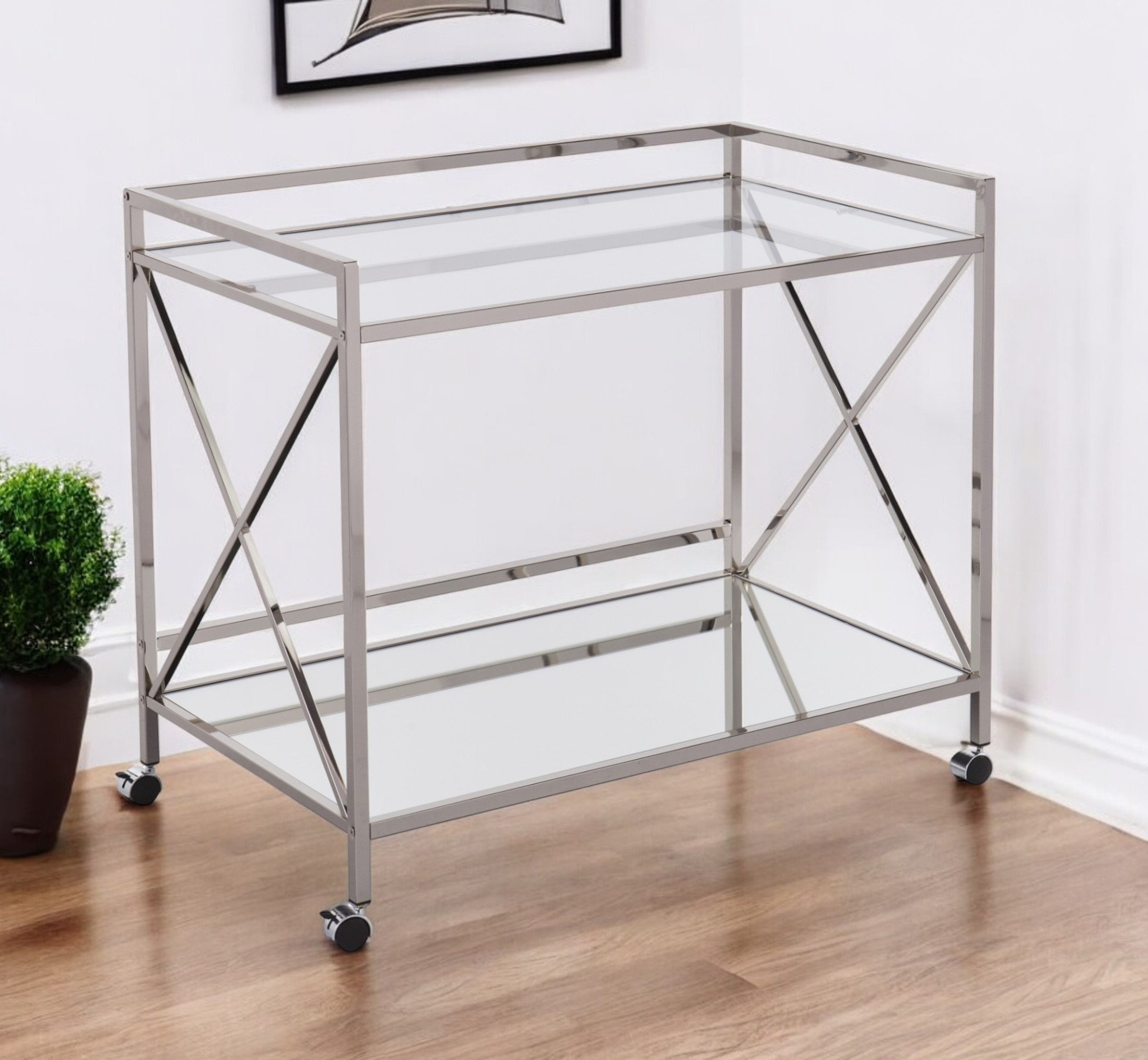 HomeRoots 39" Silver Metal and Glass Rolling Bar Cart | Wayfair