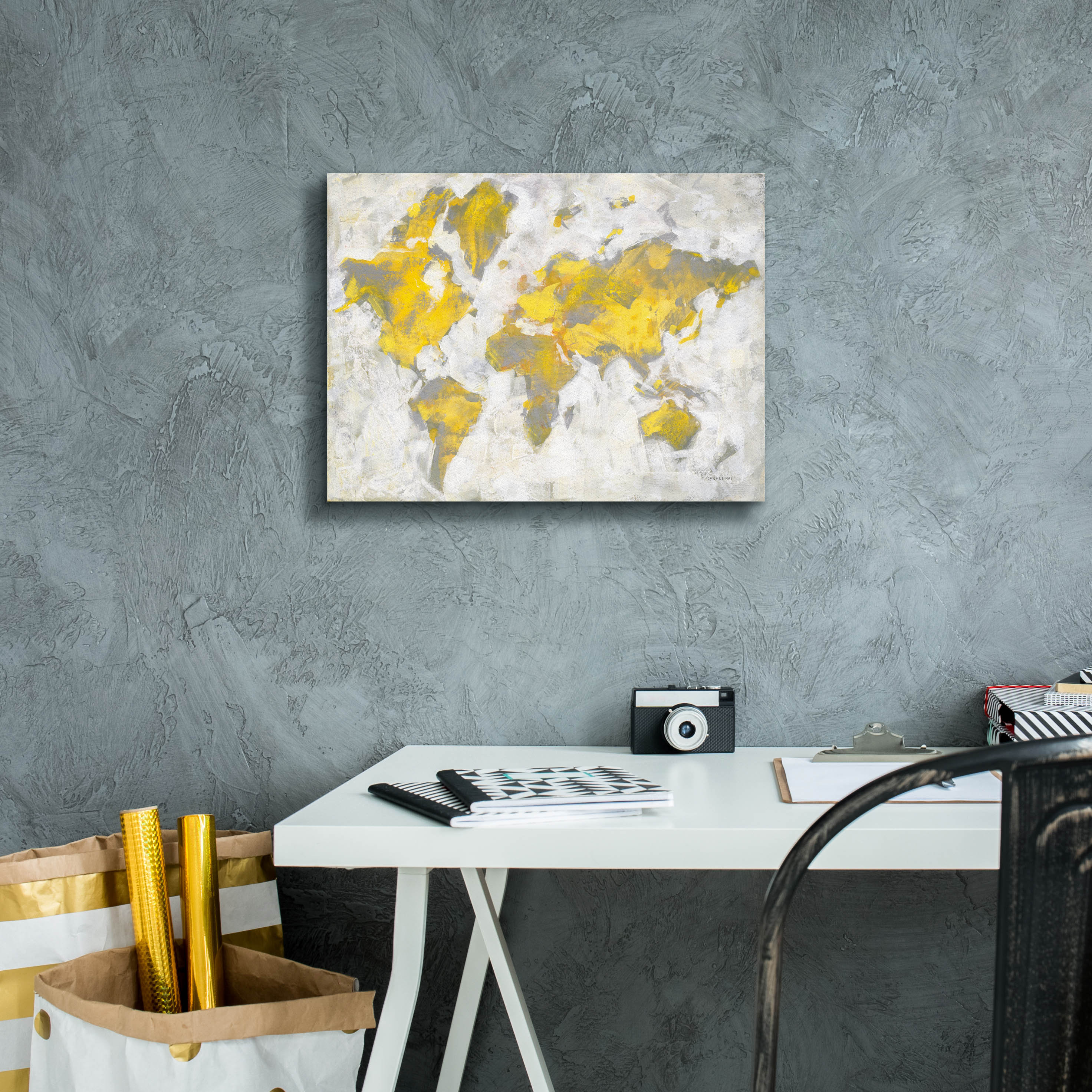 Epic Graffiti 'World Map Yellow Gray' by Danhui Nai Canvas Wall Art ...