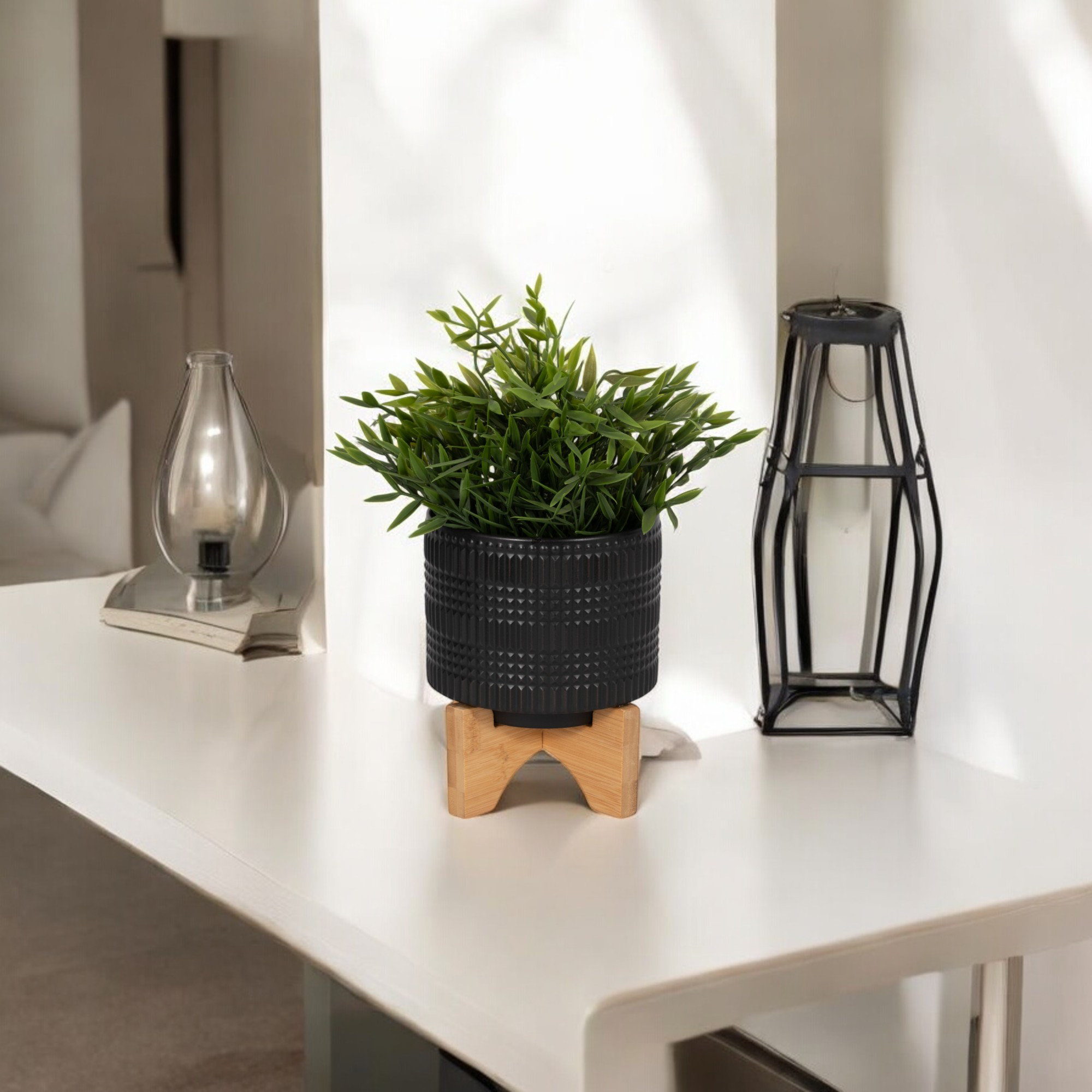 Dakota Fields Tarrin Stoneware Planter with Wood Stand - Modern Ceramic ...