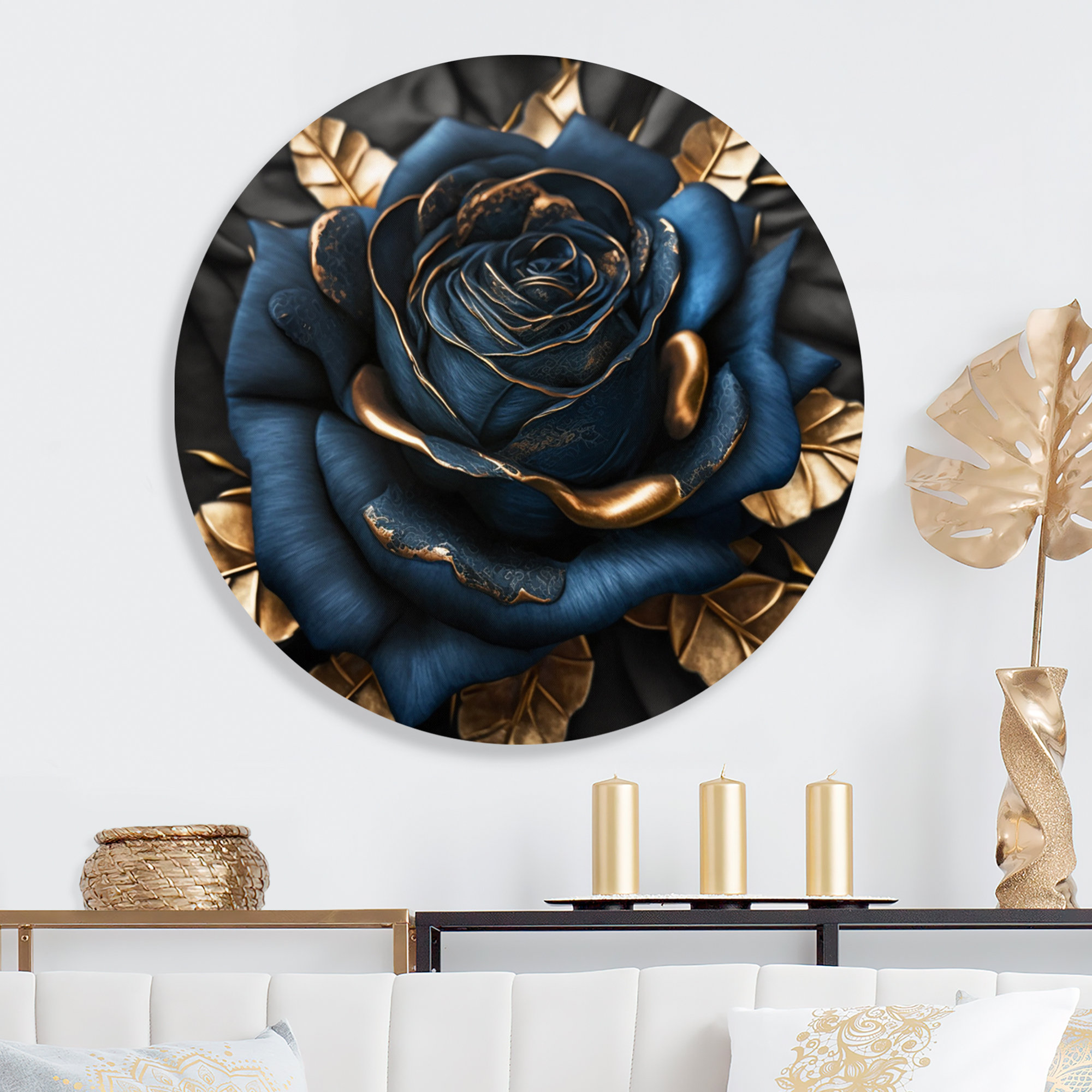 Mercer41 Gilded Rose In Kings Blue IV - Floral Rose Metal Circle Wall ...