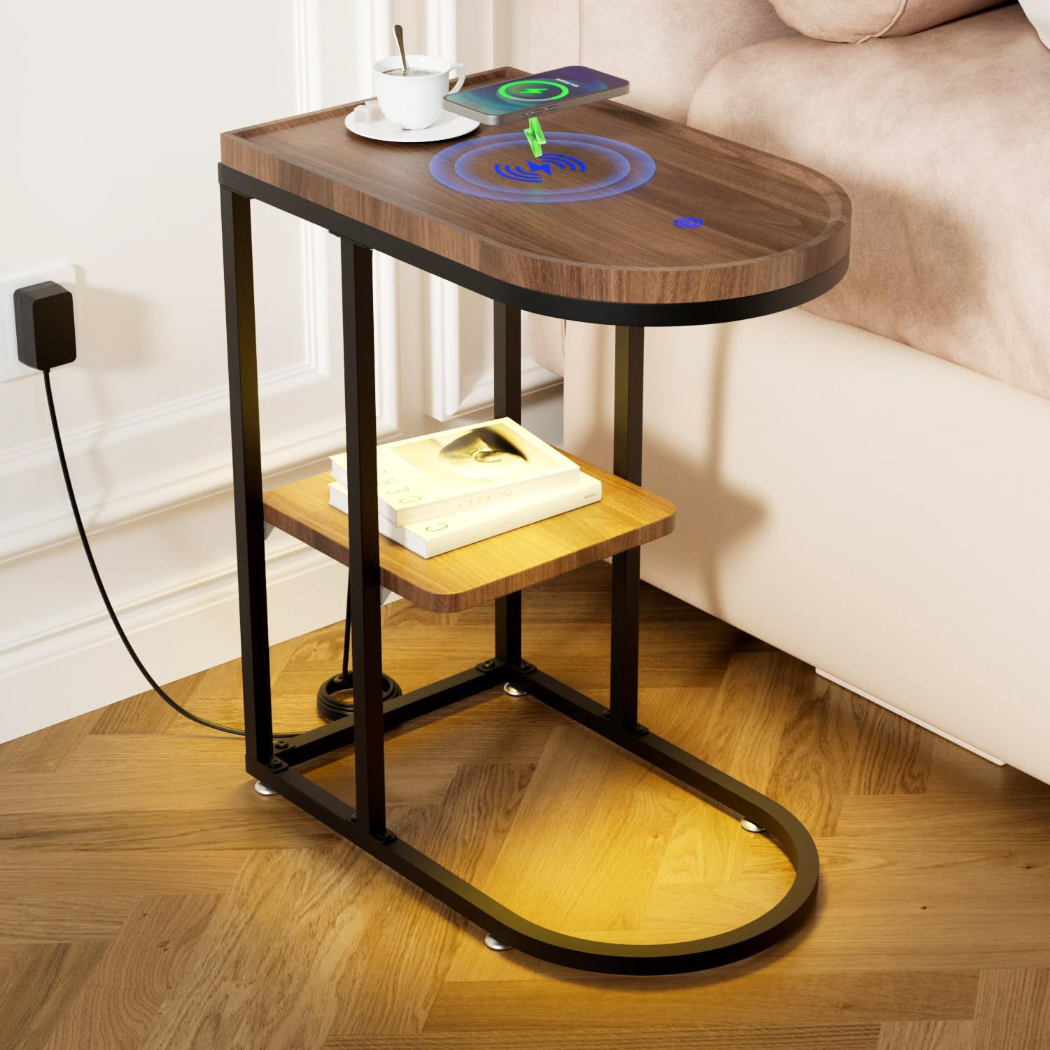 Wrought Studio™ C-Shaped End Table With Wireless Charging, LED Lighting ...