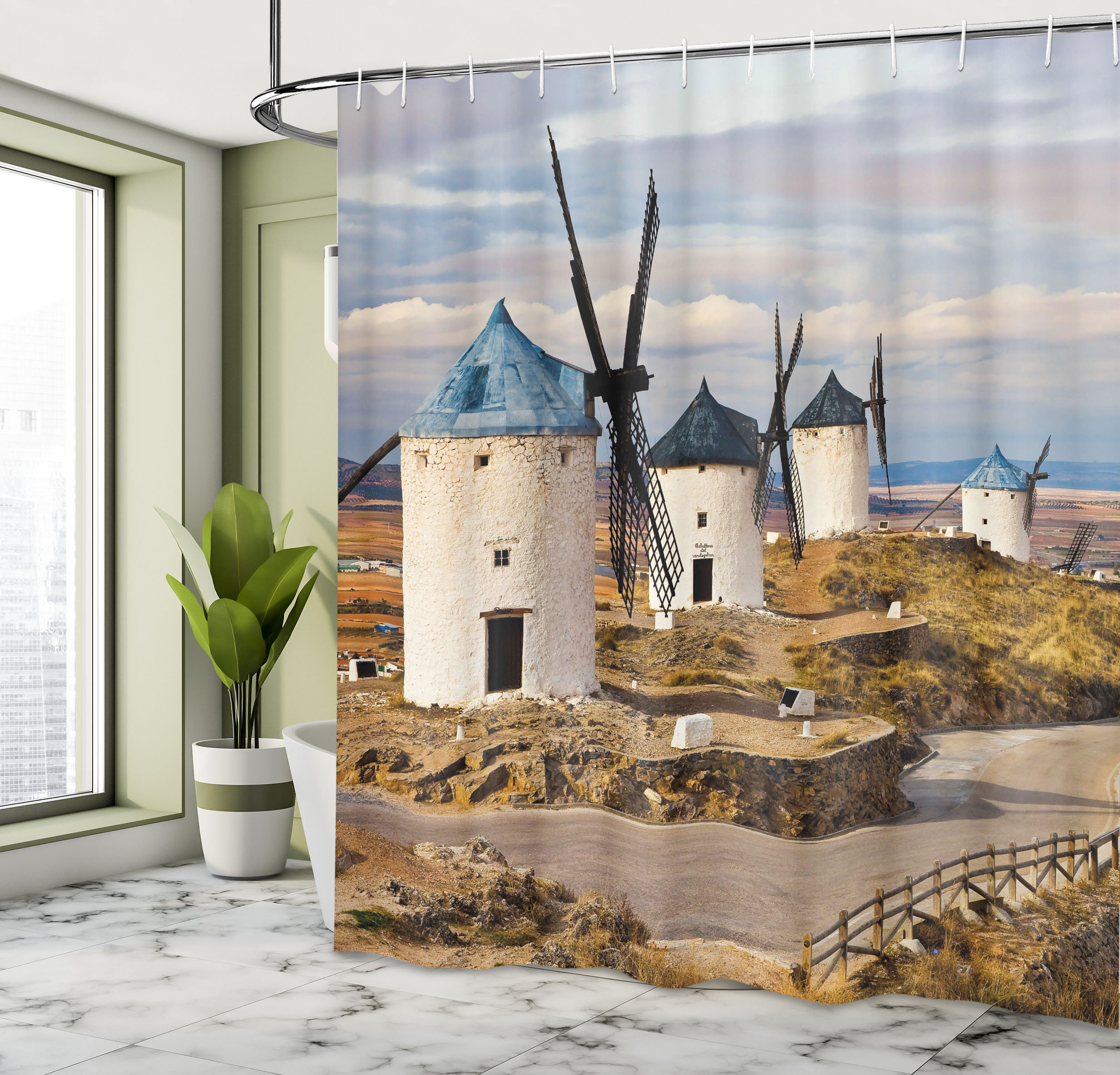 Astoria Grand Windmill Shower Curtain Medieval Old Spain Blue White ...
