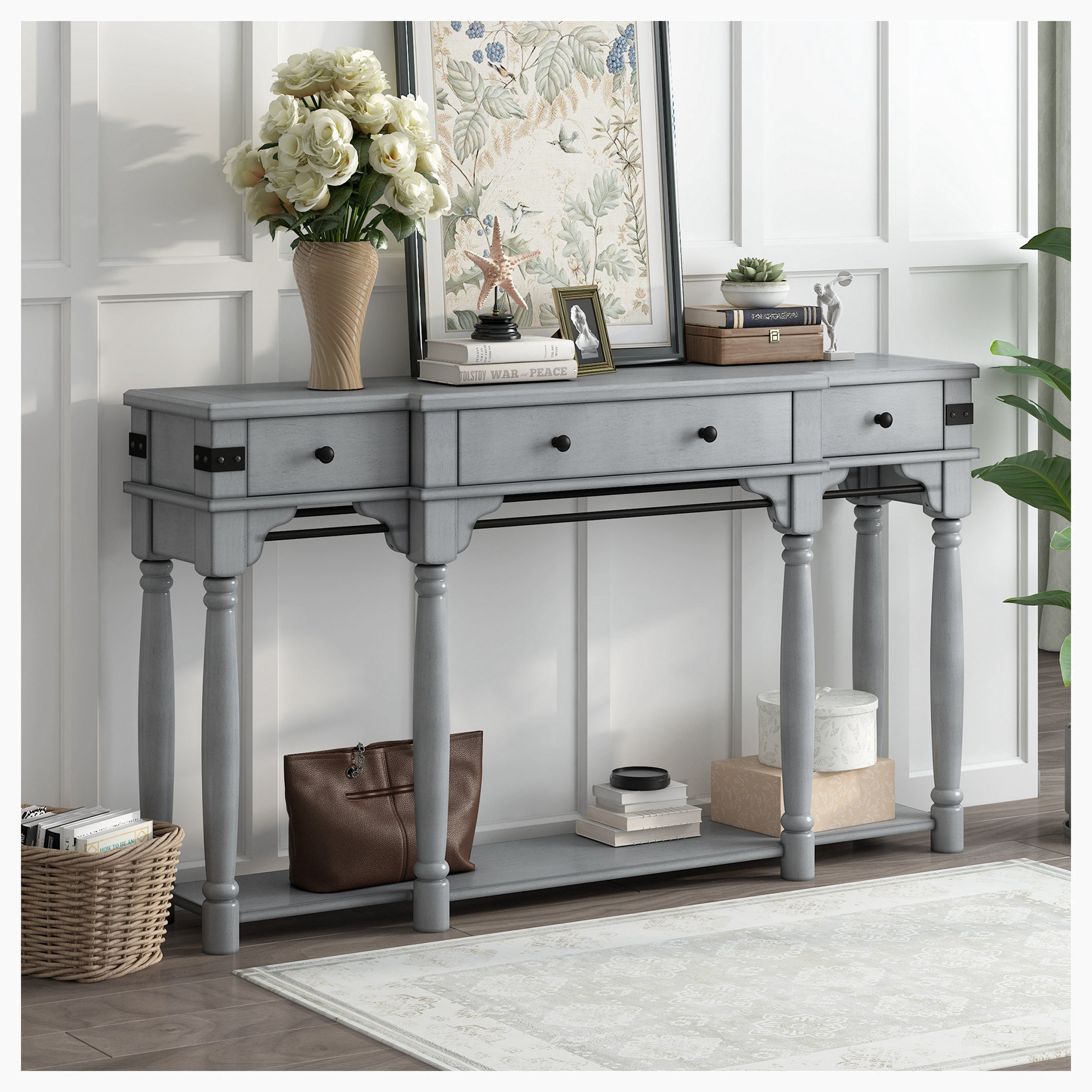 Alcott Hill Console Table With Storage Drawers And Bottom Shelf For ...