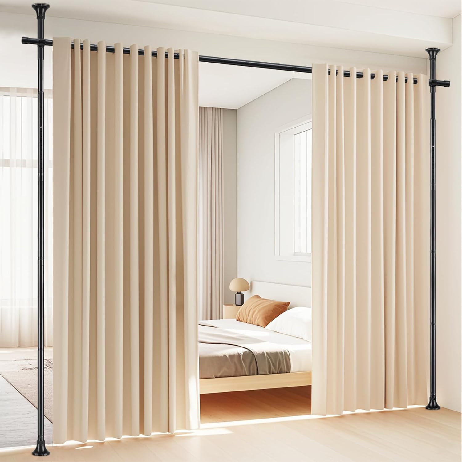 Ebern Designs Room Divider, No Drilling Curtain Rod Wall Divider For ...