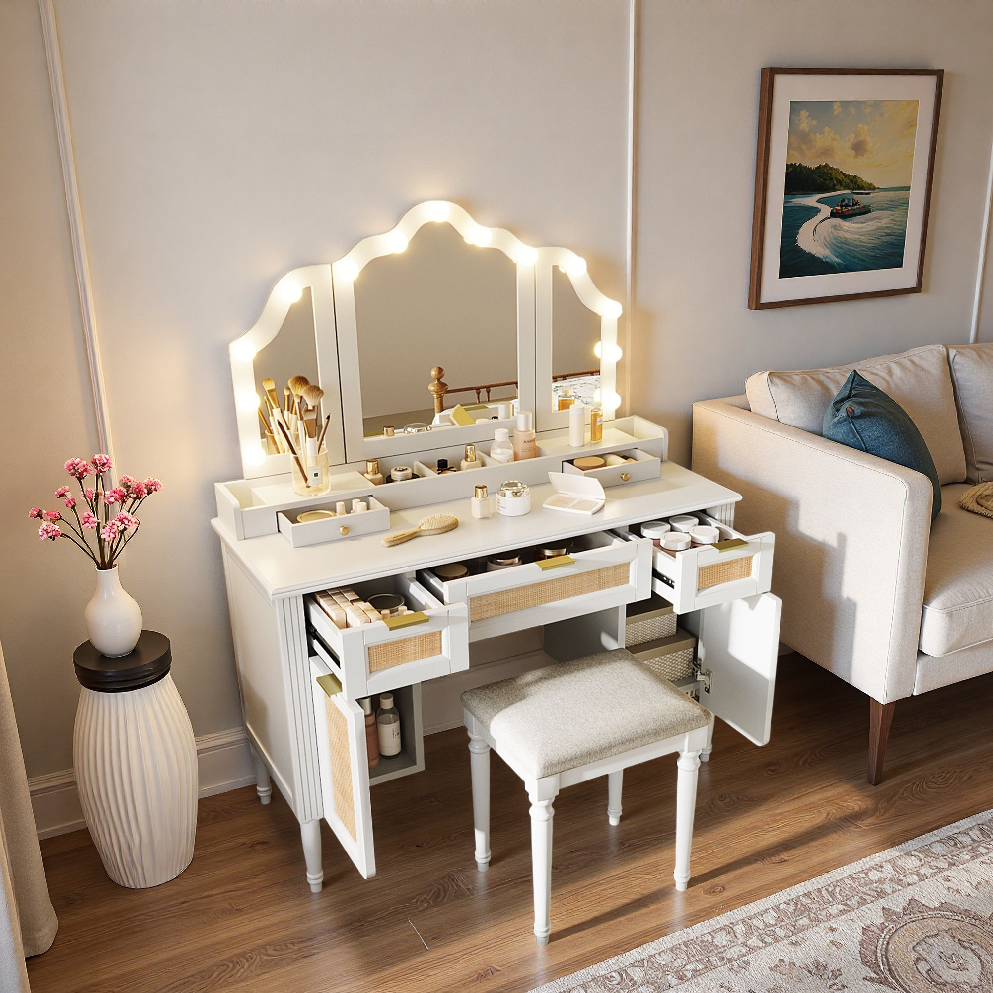 Latitude Run® Makeup Vanity Desk With 3 Lighting Modes Tri-fold Mirror ...