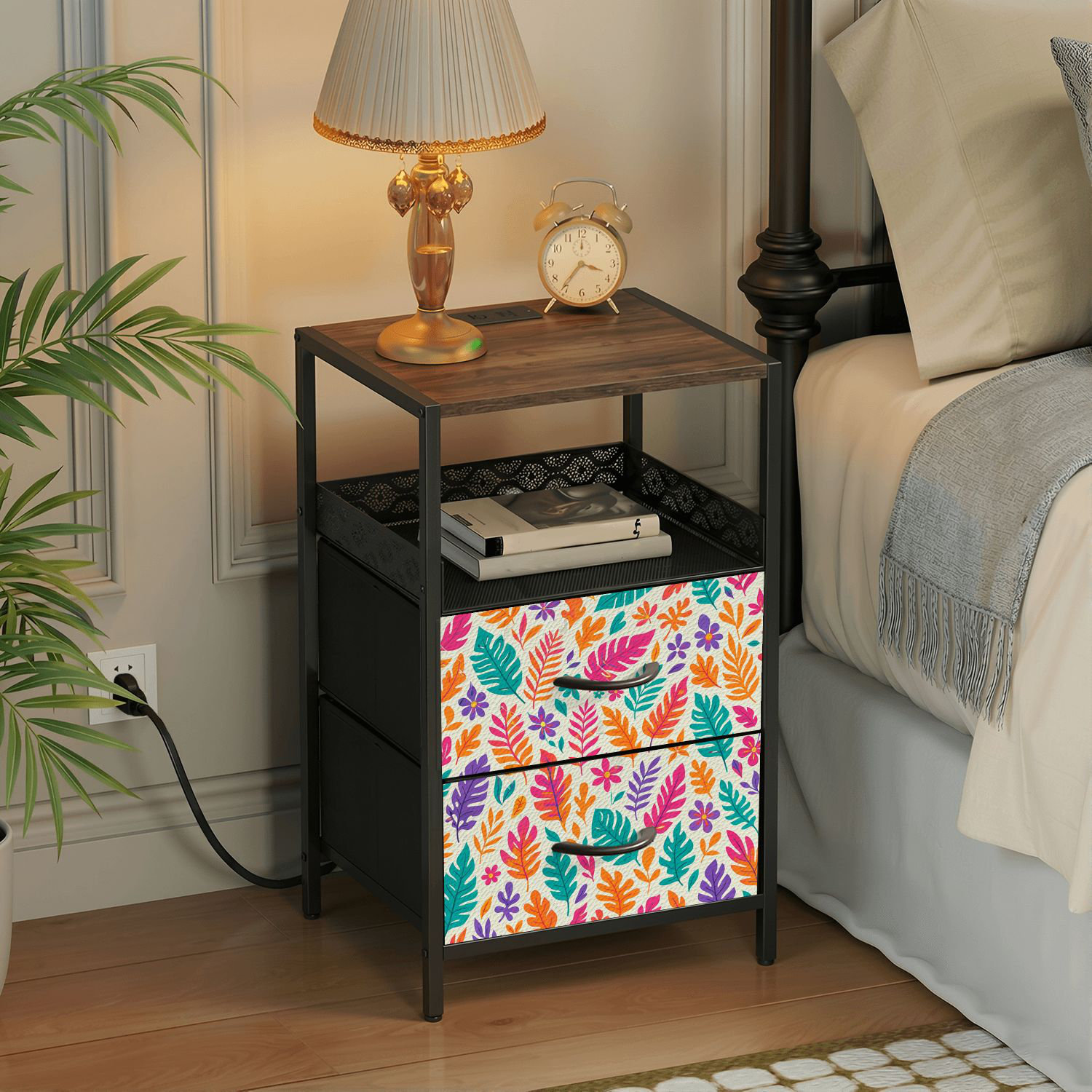 Ebern Designs 24.2" 2 - Drawer Nightstand Colorful Tropical Leaf ...