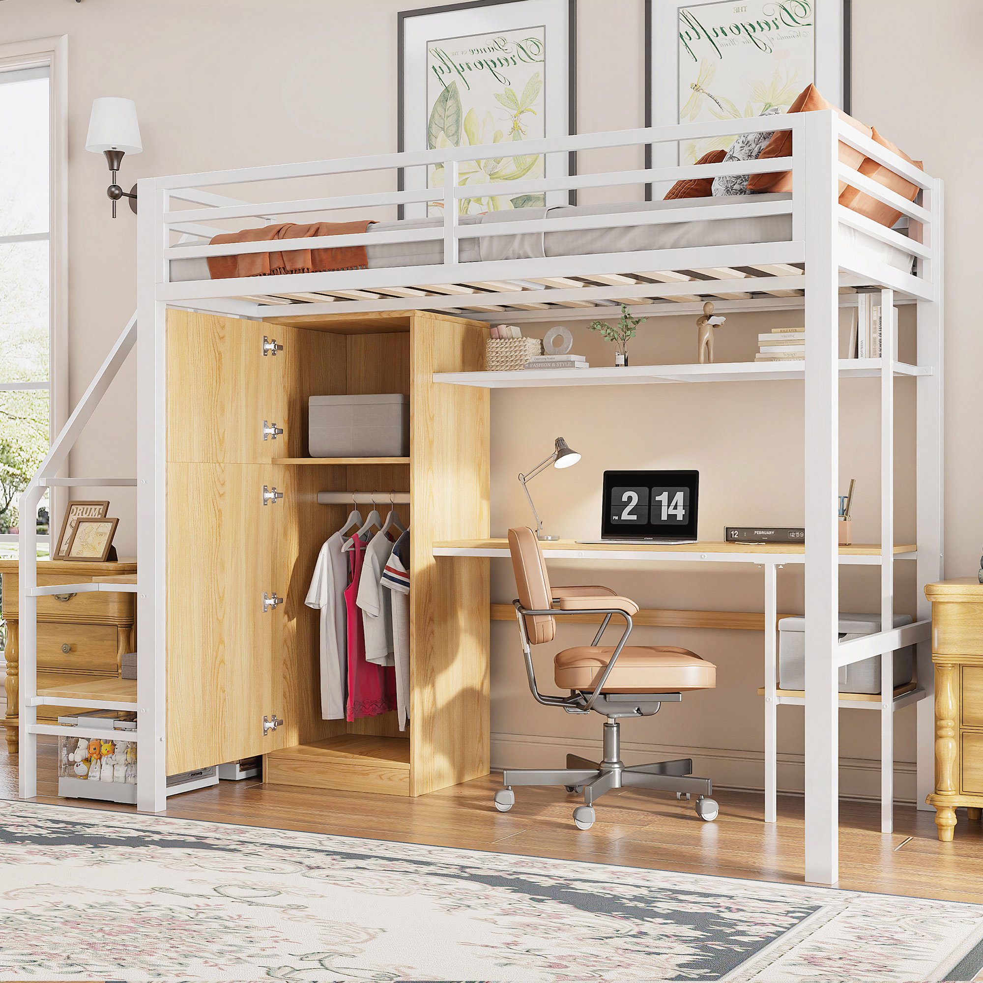 Brayden Studio® Metal Bed with Desk,Shelf,Wardrobe and Stepped ...