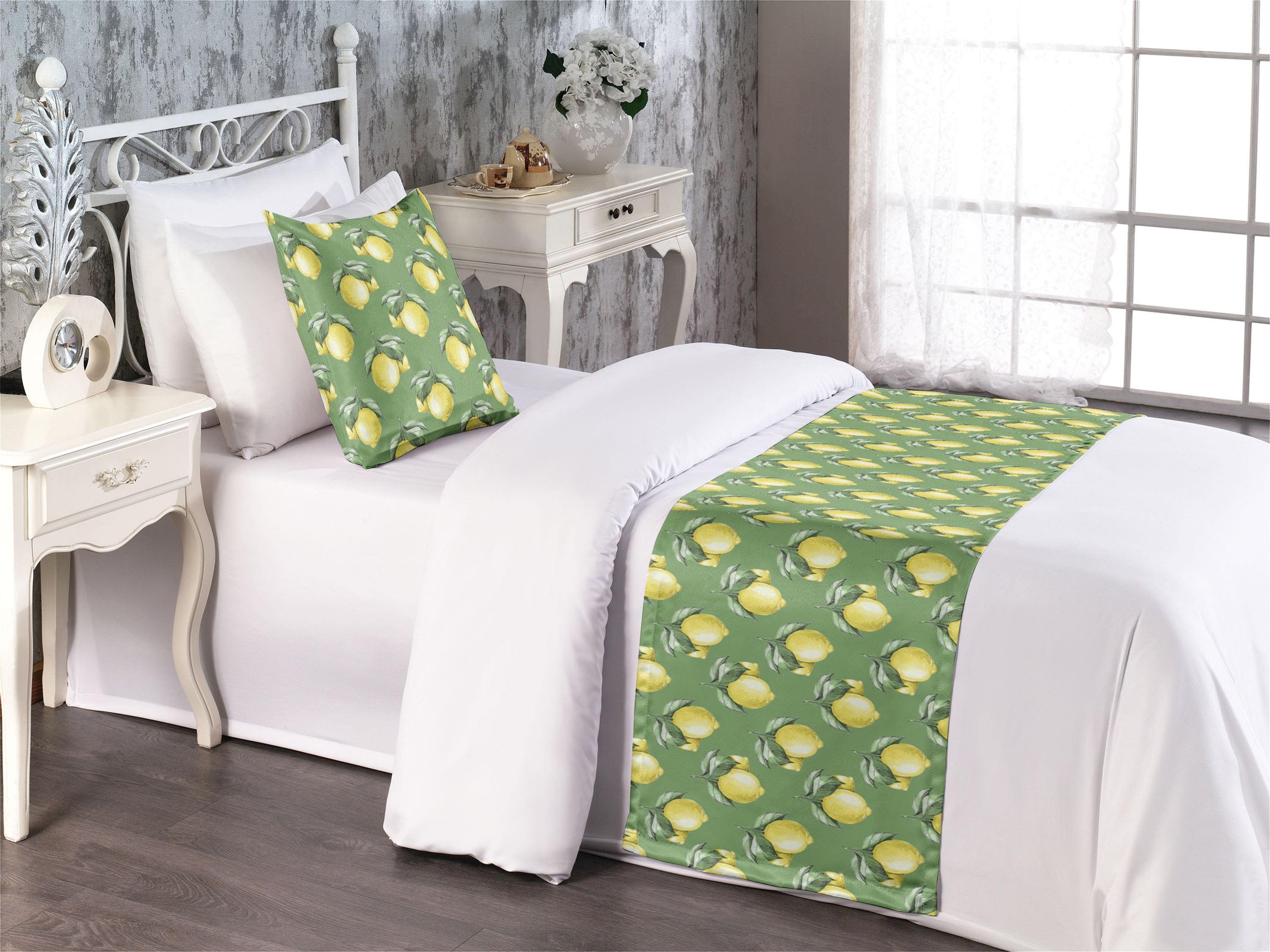 Ambesonne Lemon Print Bed Runner Set Vintage Citrus Pattern Fern Green ...