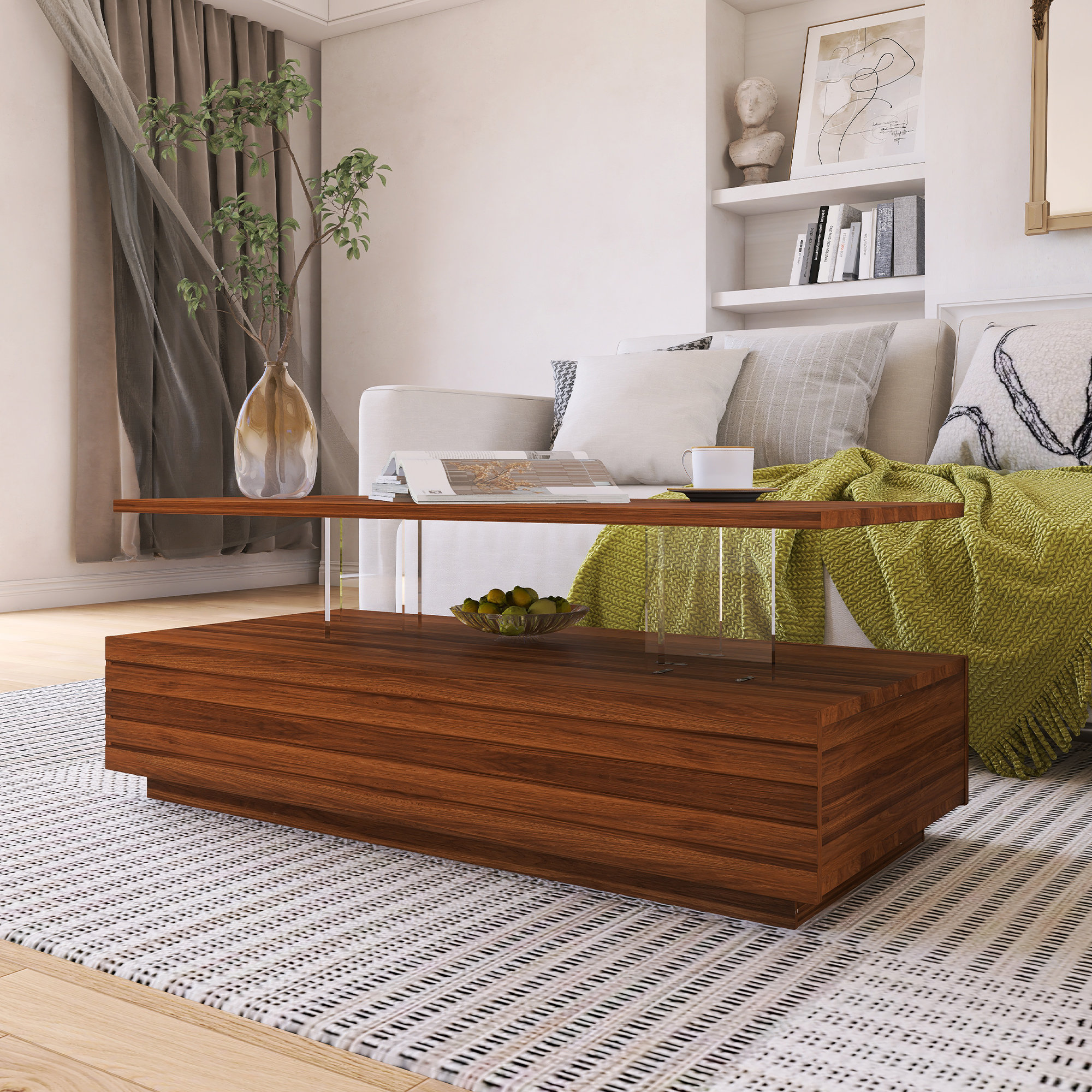 Ivy Bronx Modern White Rectangular LED Lights Coffee Table With 2 ...