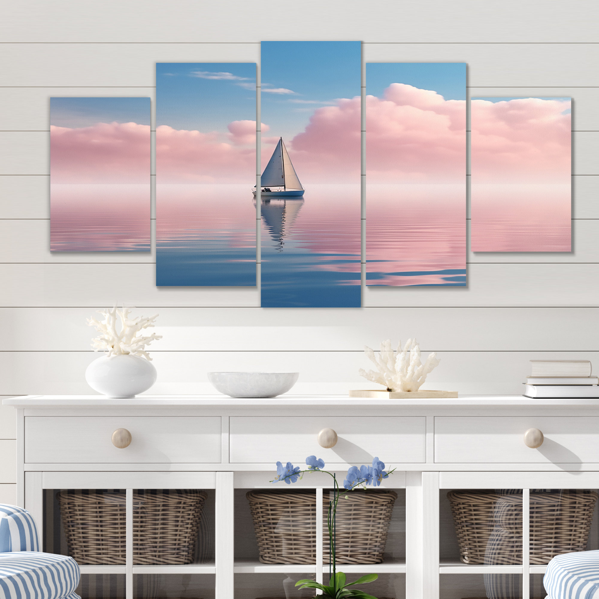 Design Art Solitary Sailboat Tranquility Pastel Sunset III - Boat ...