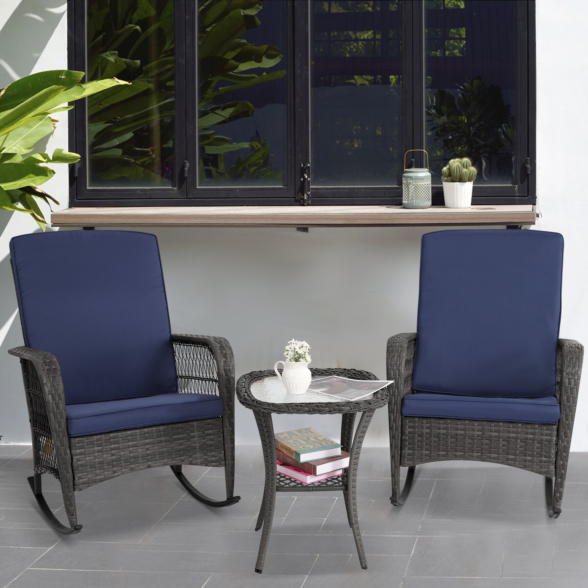 Red Barrel Studio® Cylas Wicker Rattan Outdoor Rocking Chair Set with ...