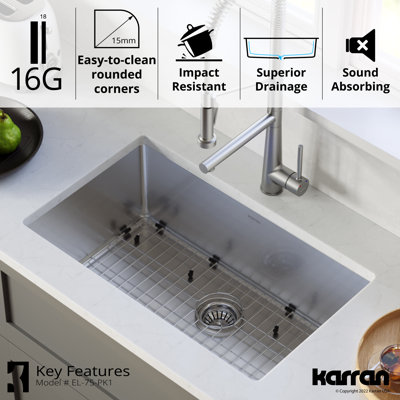 Karran Stainless Steel 30'' X 18'' Single Bowl Undermount Kitchen Sink ...