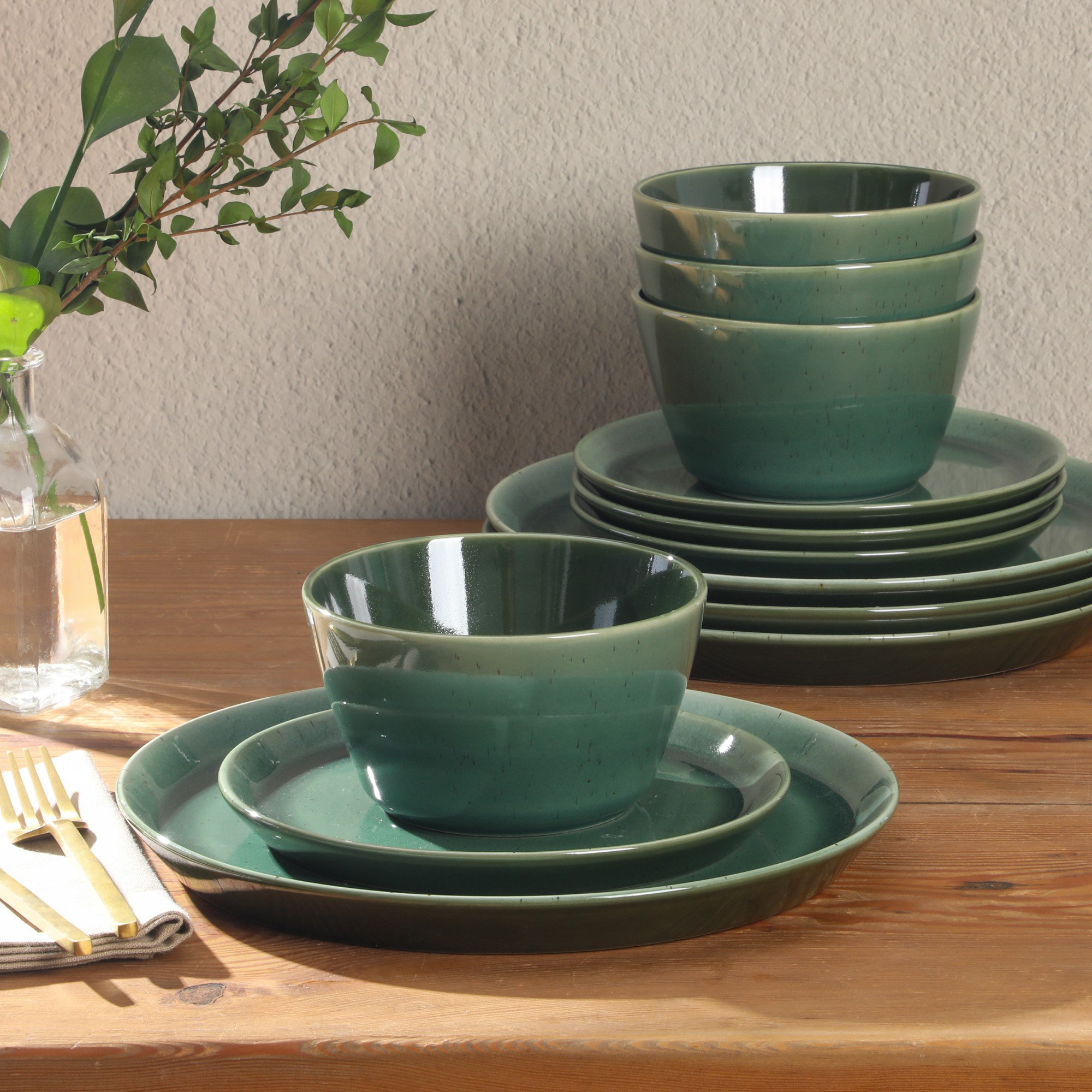 Gibson Elite 12 Piece (Service for 4) Fern Canyon Reactive Glaze Modern Coupe Dishes Stoneware ...