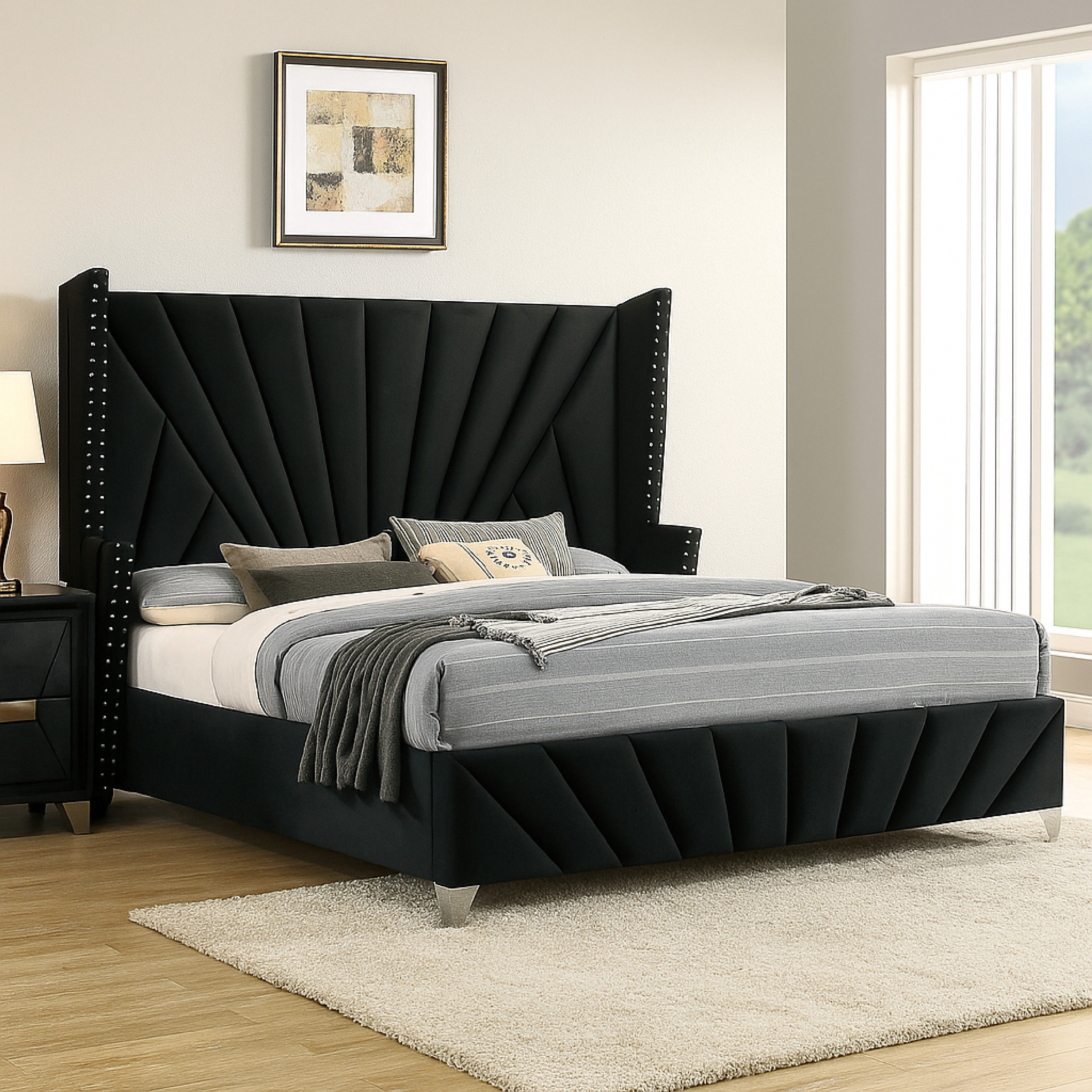 Benjara Ino Queen Size Bed W Wingback Headboard, Gray Fabric Upholstery ...