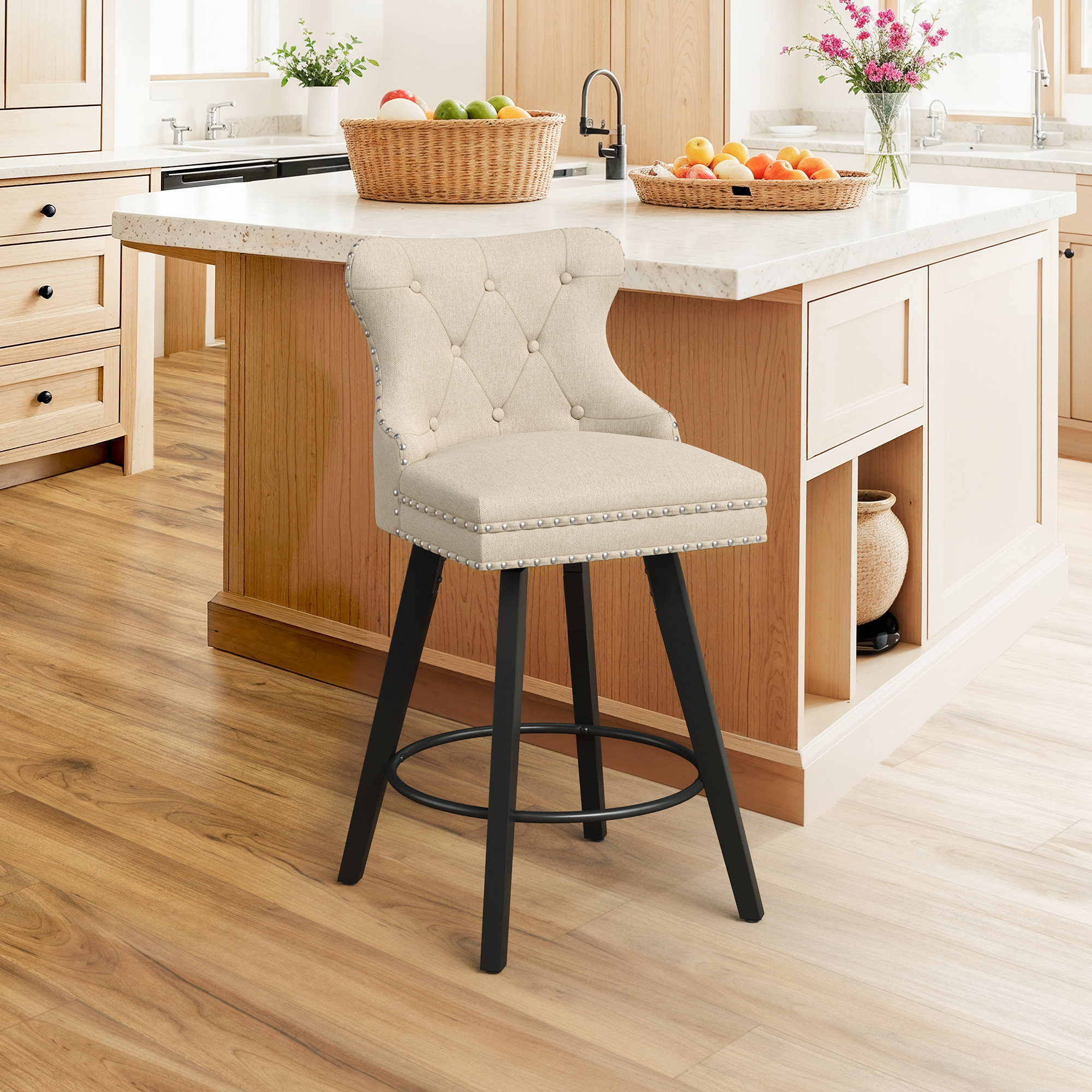 Winston Porter Swivel Upholstered 26'' Counter Stool With Wood Frame ...