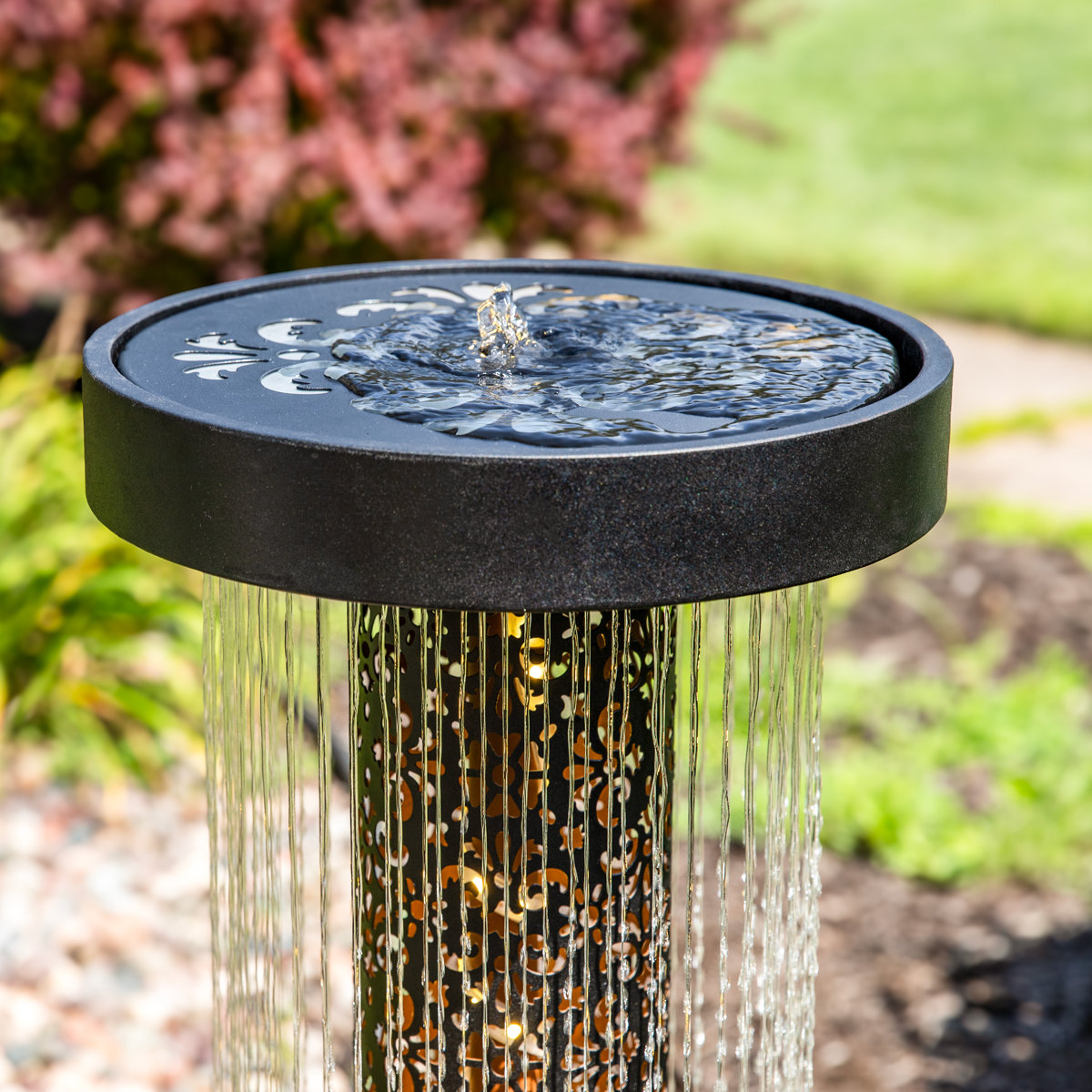 Ivy Bronx Glittering Rain Zinc Outdoor Fountain with LED Lights | Wayfair