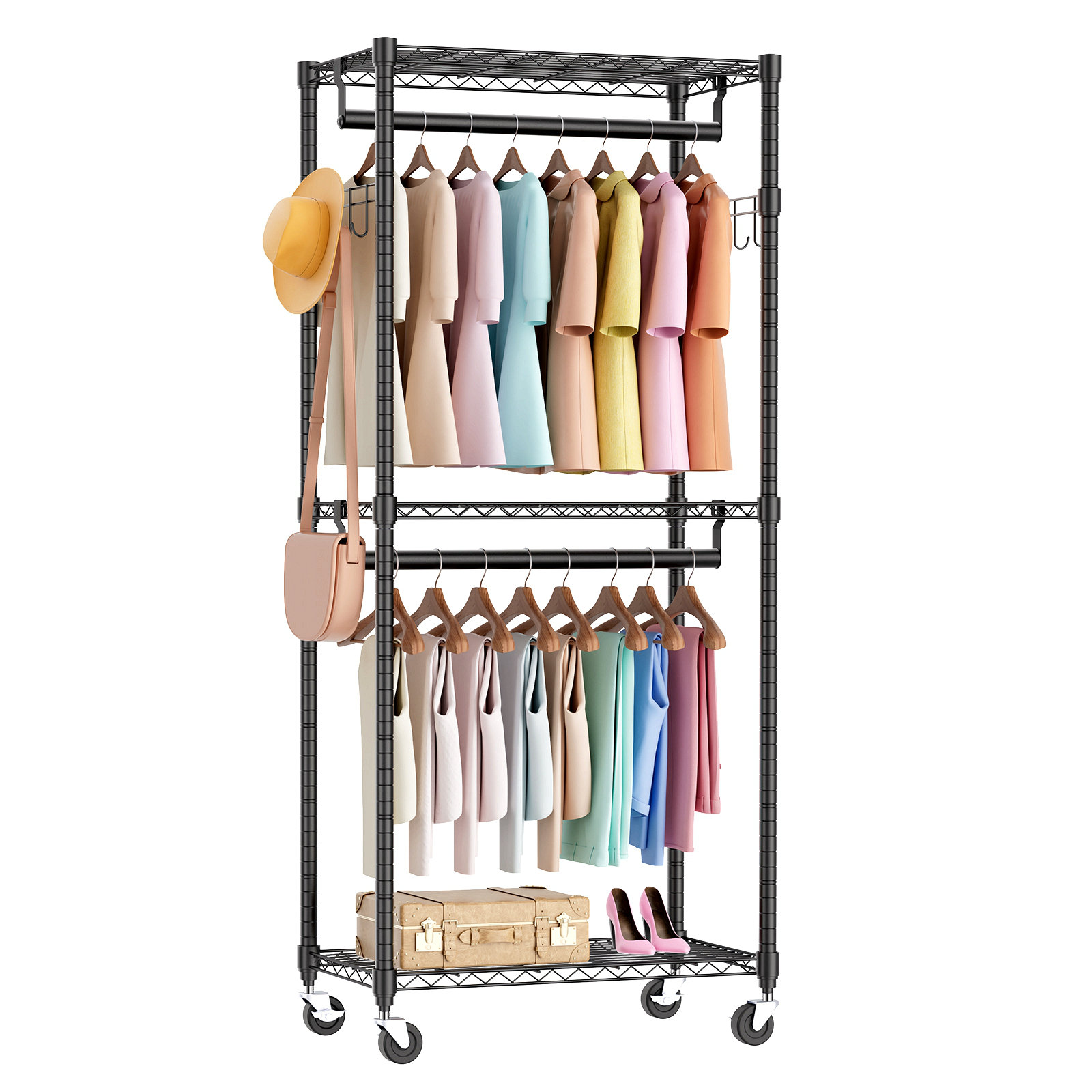 Rebrilliant Rolling Clothes Rack, Heavy Duty Garment Racks 3 Tiers ...