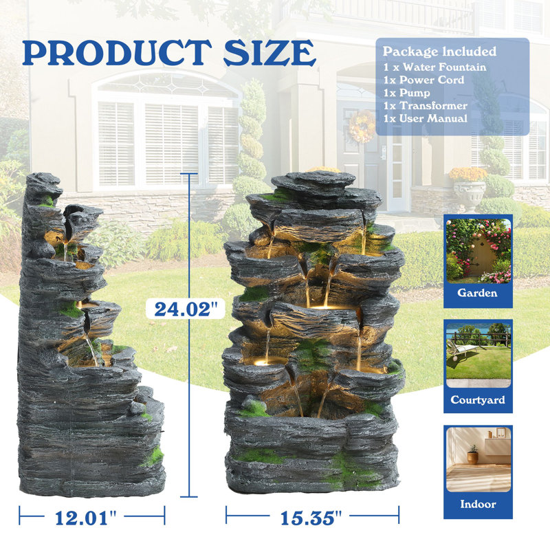 Millwood Pines 7-Tier Cascading Rock Water Fountain Outdoor Garden ...