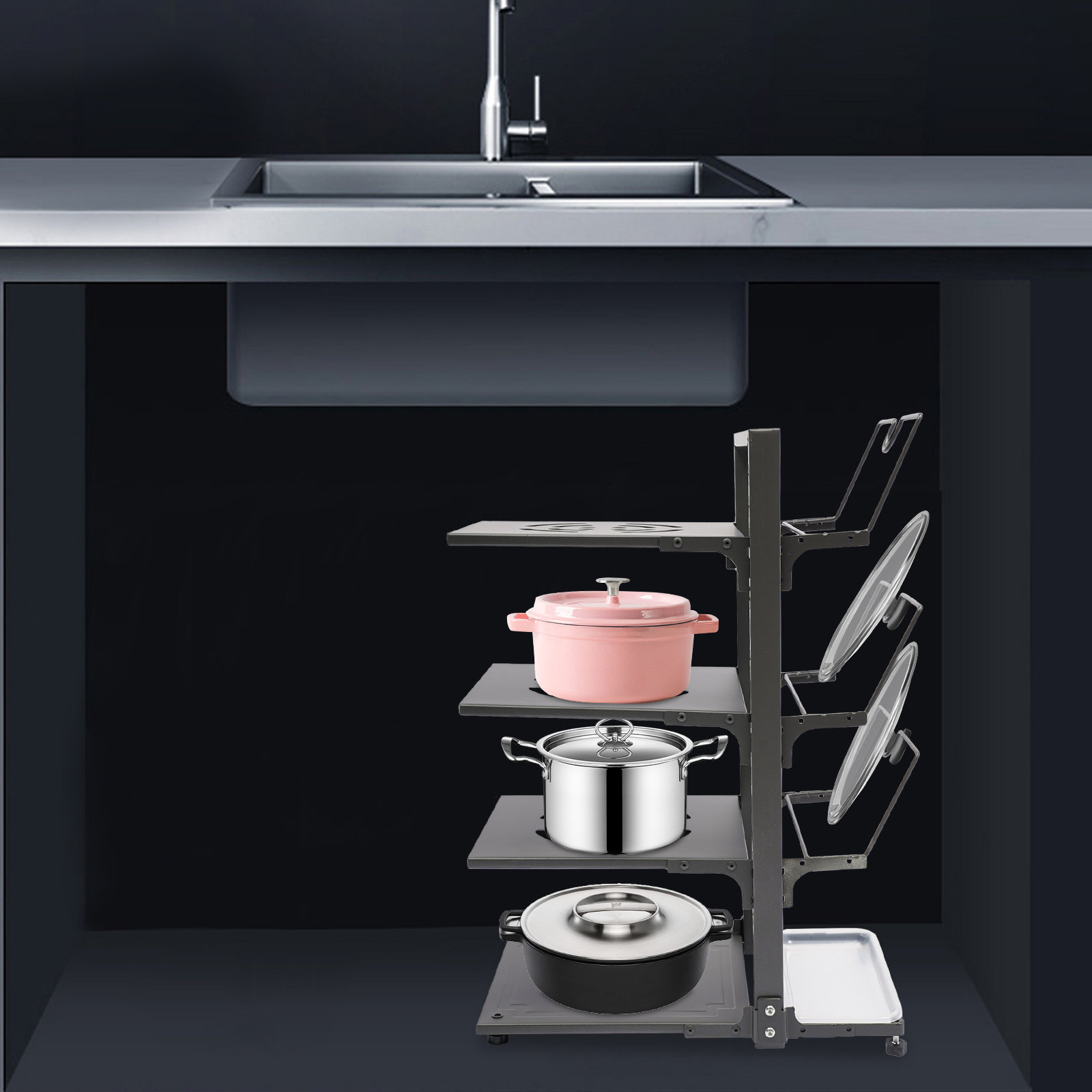 Prep & Savour 4 Tiers Countertop / Cabinet Pot Rack Kitchen Pot And Pan ...