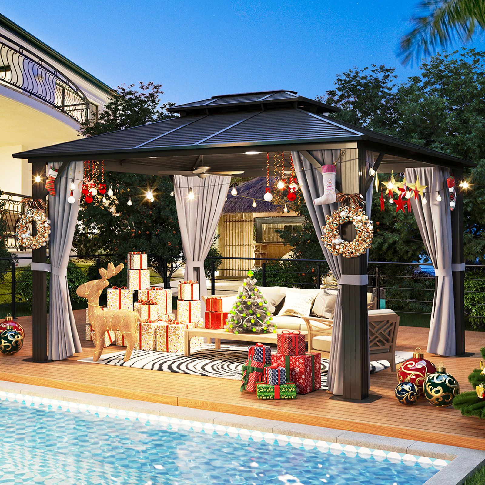 Aoxun 10'x 12' Hardtop Gazebo, Outdoor Dual-layer Galvanized Steel ...