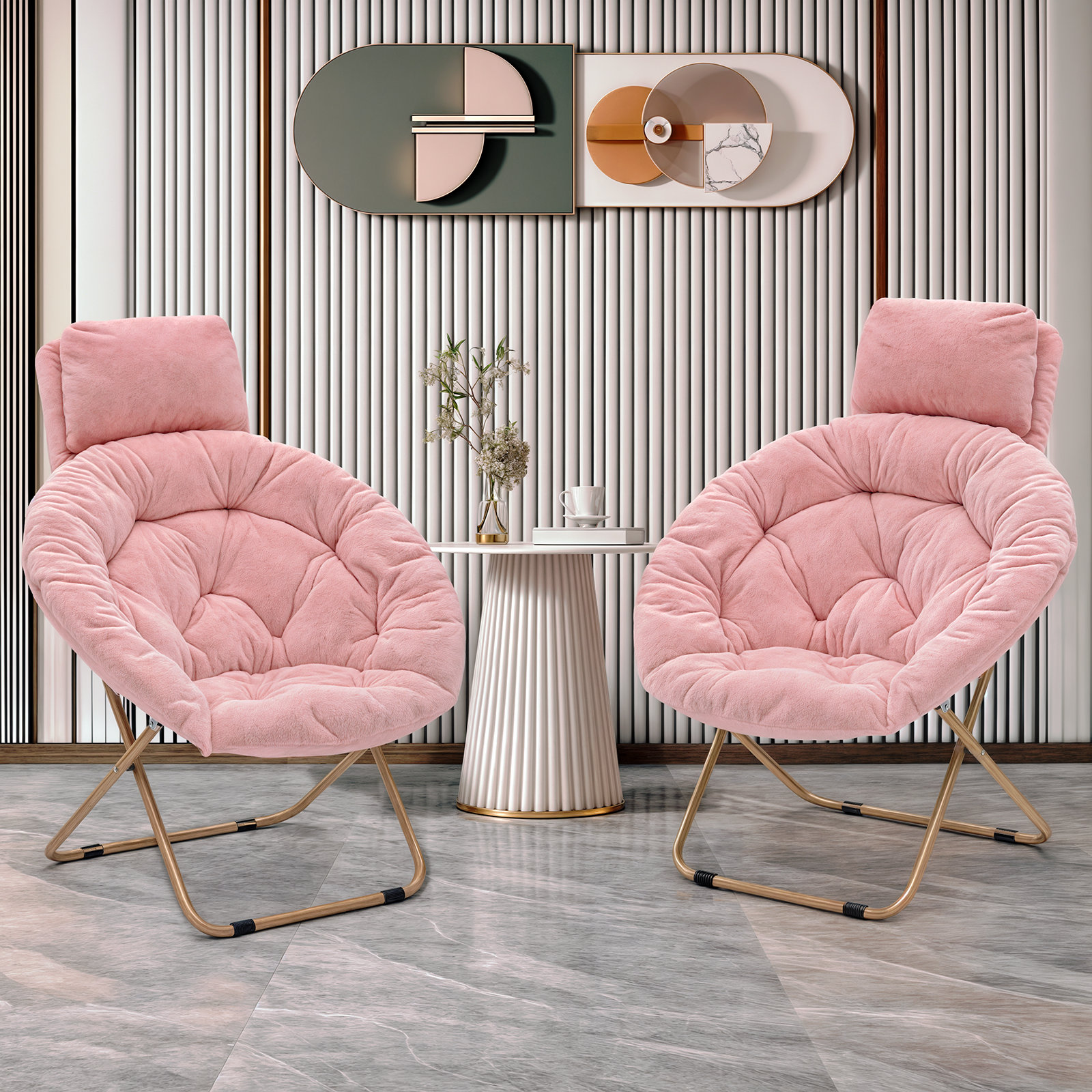 Mercer41 Pouya Upholstered Round Saucer Chairs with Headrest, Folding ...