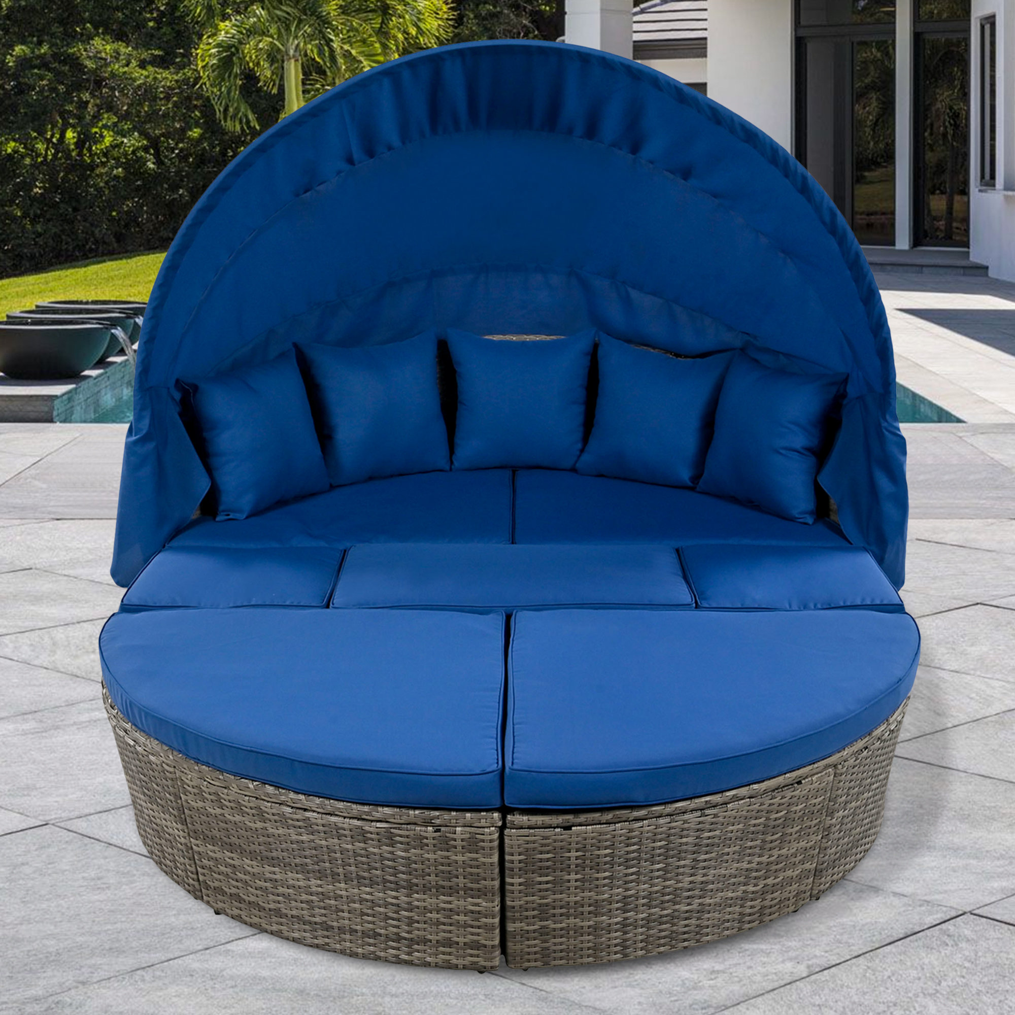 BESTCOSTY Outdoor Blue Rattan Daybed Sunbed With Retractable Canopy ...