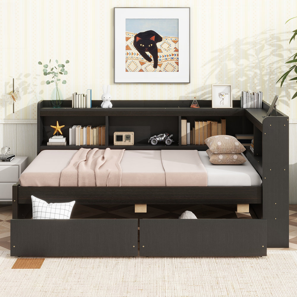 Red Barrel Studio® L-Shaped Bookcase Bed with Built-in Charging Storage ...