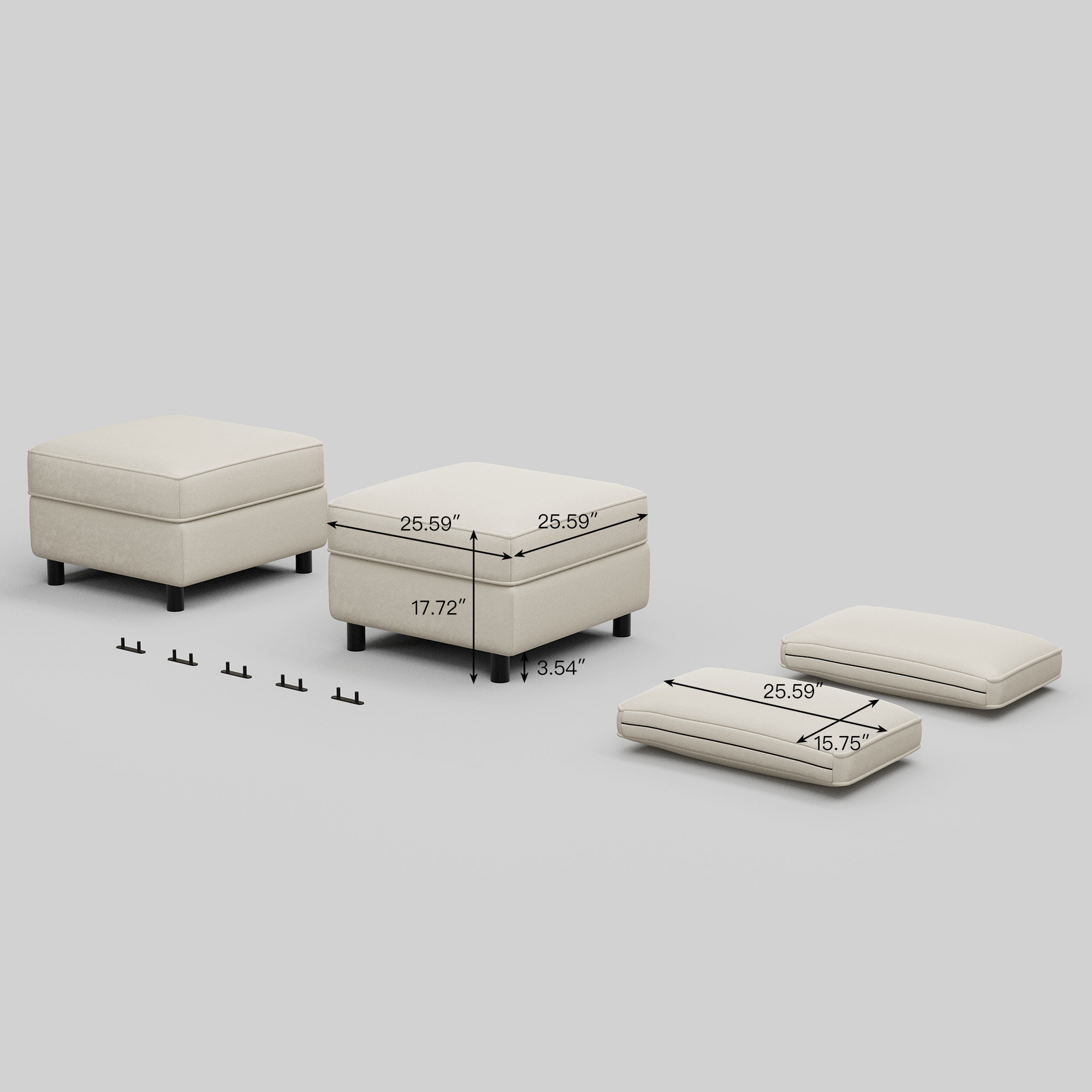 Mercer41 Velvet Fabric Storage 2 Ottomans For Modular Sofa & 2 Cushions ...
