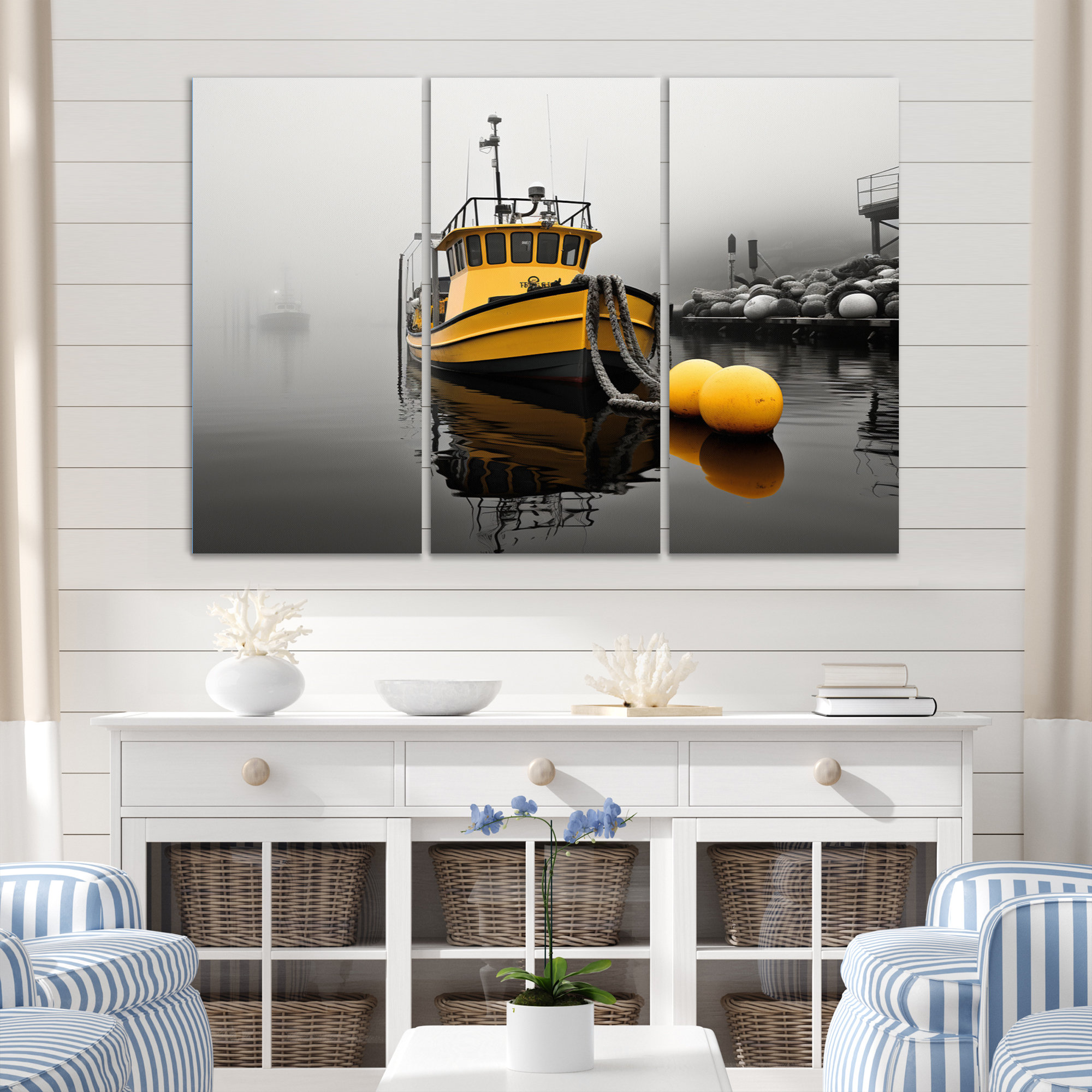 Breakwater Bay Coastal Misty Harbor On Canvas 3 Pieces Print | Wayfair