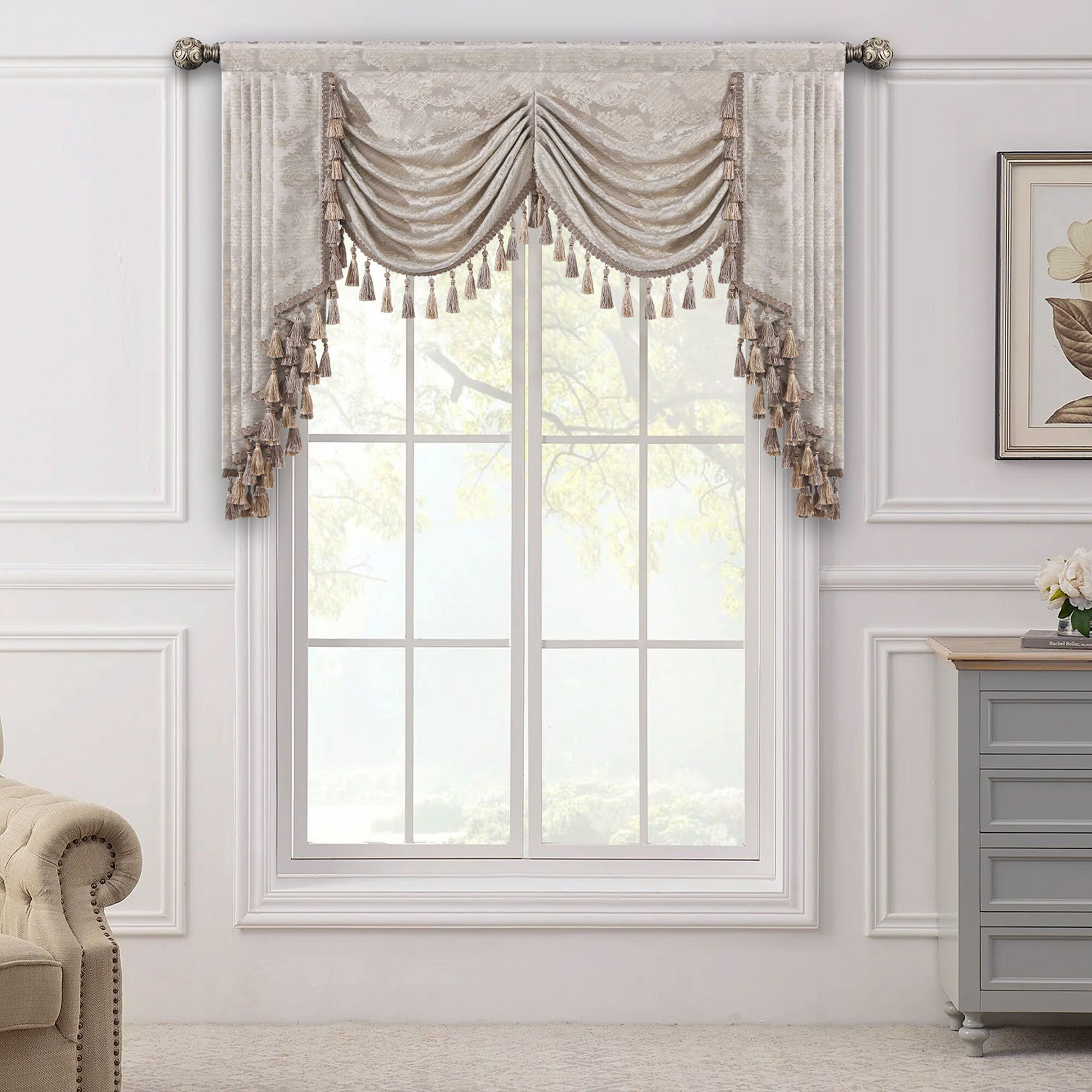 TOPLUXE Elegant Swag Valance with Tassels, Beige Jacquard Waterfall ...