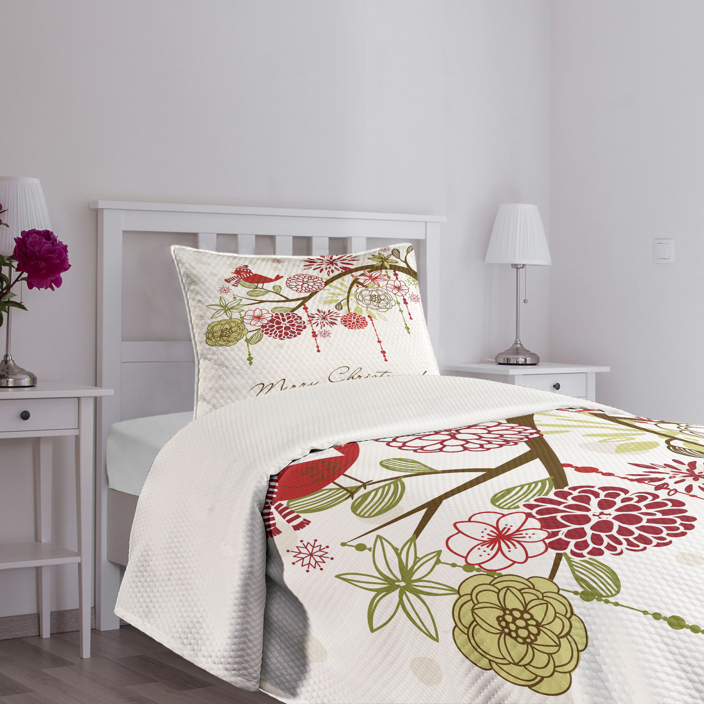 Ambesonne Christmas Bedspread Set Red Bird Floral Tree Green White ...